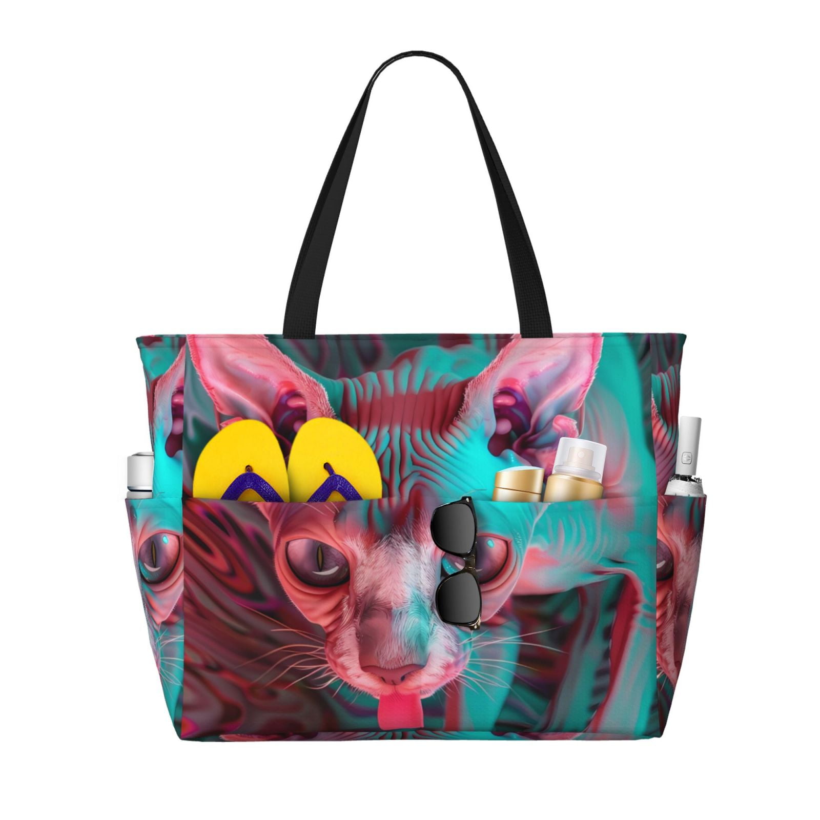 Large Beach Bags Water-resistant Sandproof - Psychedelic Hairless Cat ...