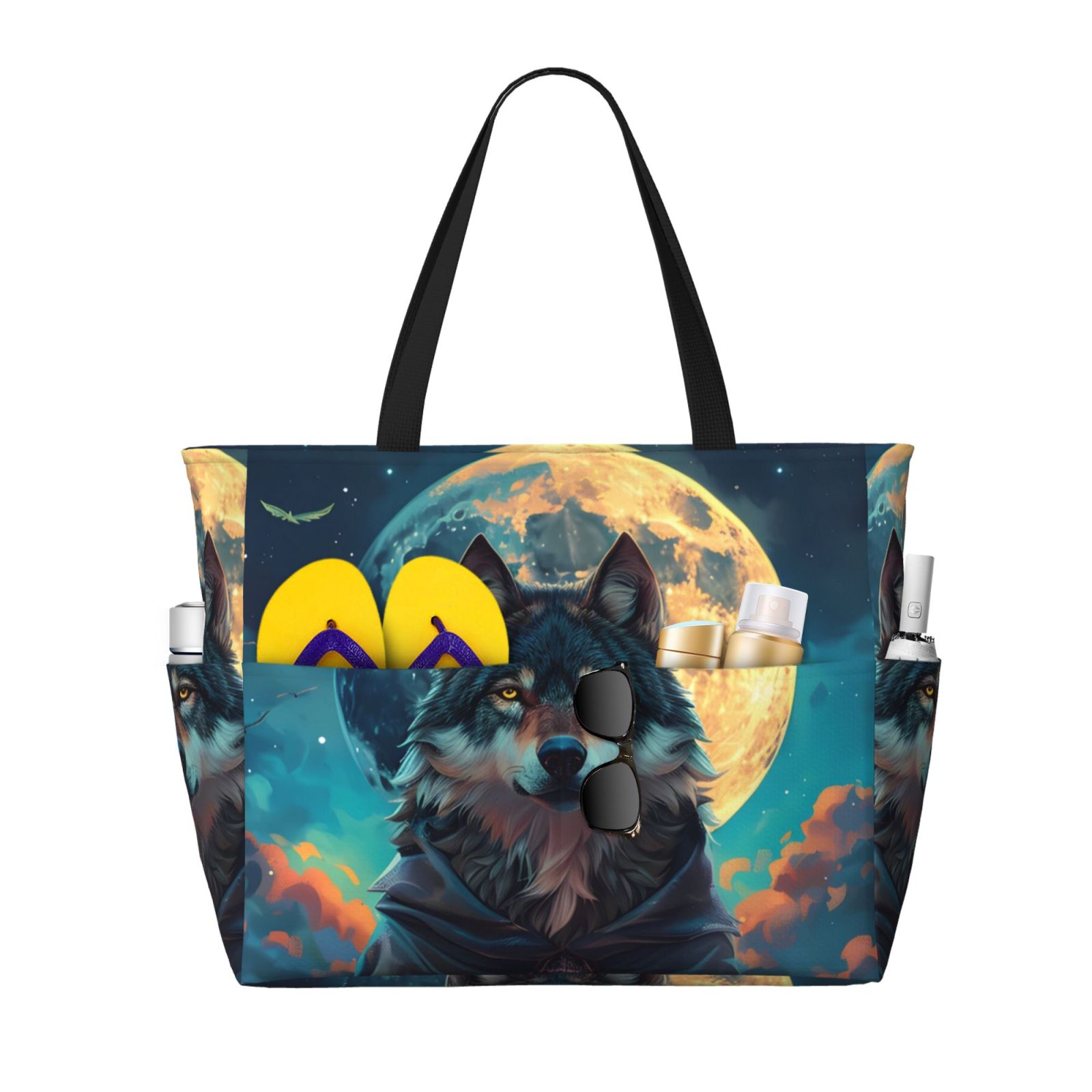 Large Beach Bags Water-resistant Sandproof - Starry Sky Moon Wolf ...