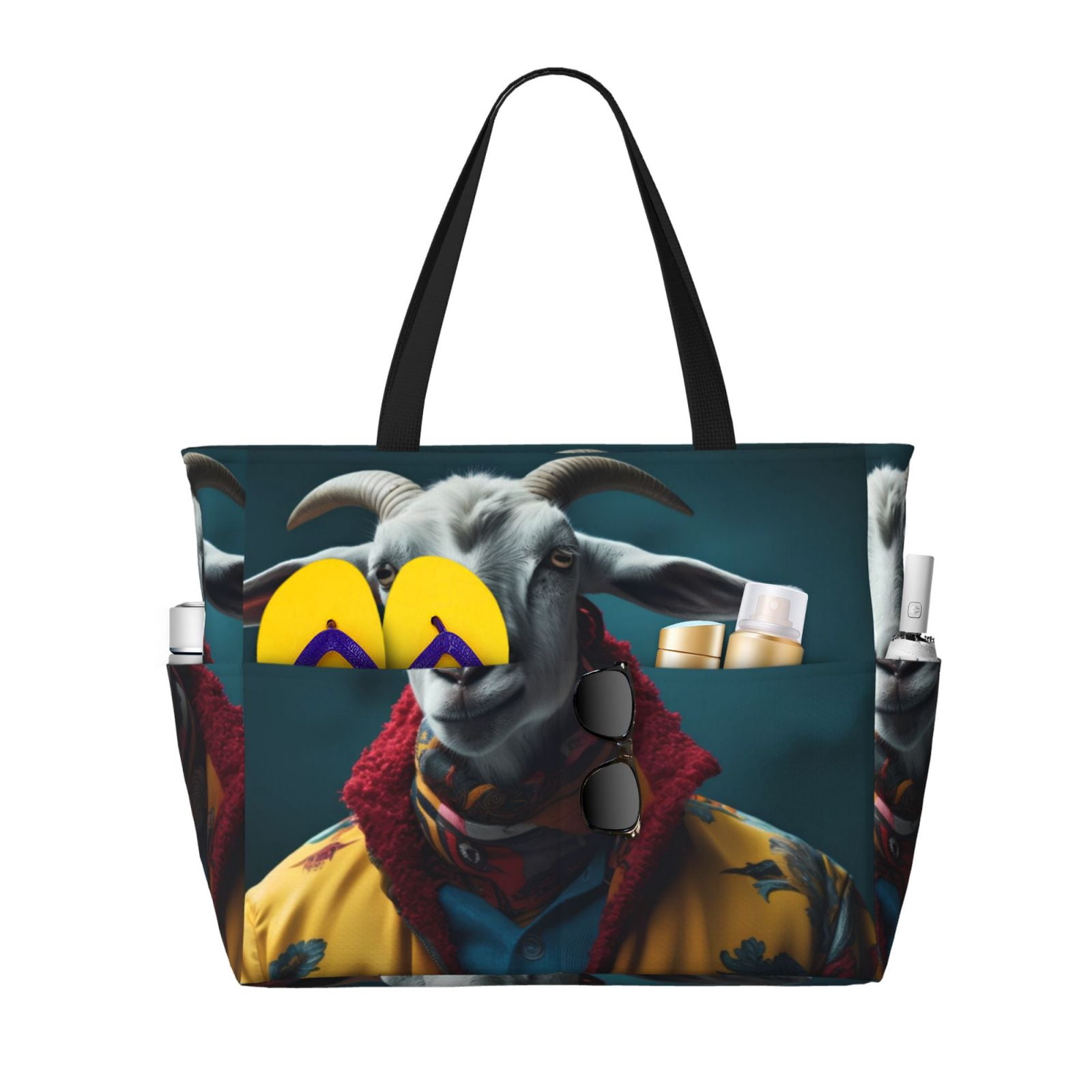 Large Beach Bags Water-resistant Sandproof - Surrealist Goat Cute Beach ...