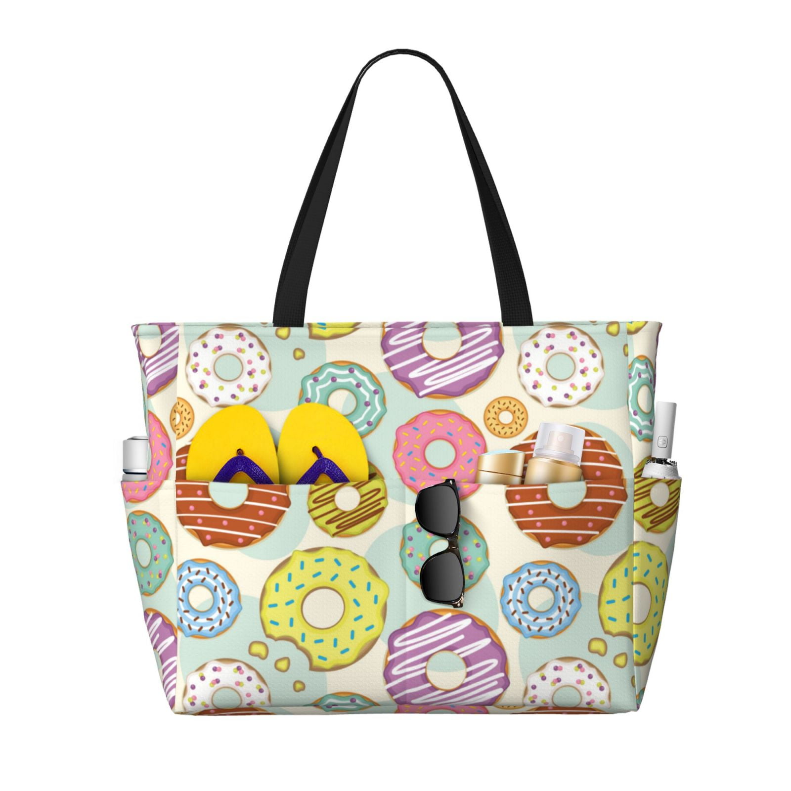 Large Beach Bags Waterproof Sandproof - Cartoon Donut Print Cute Beach ...