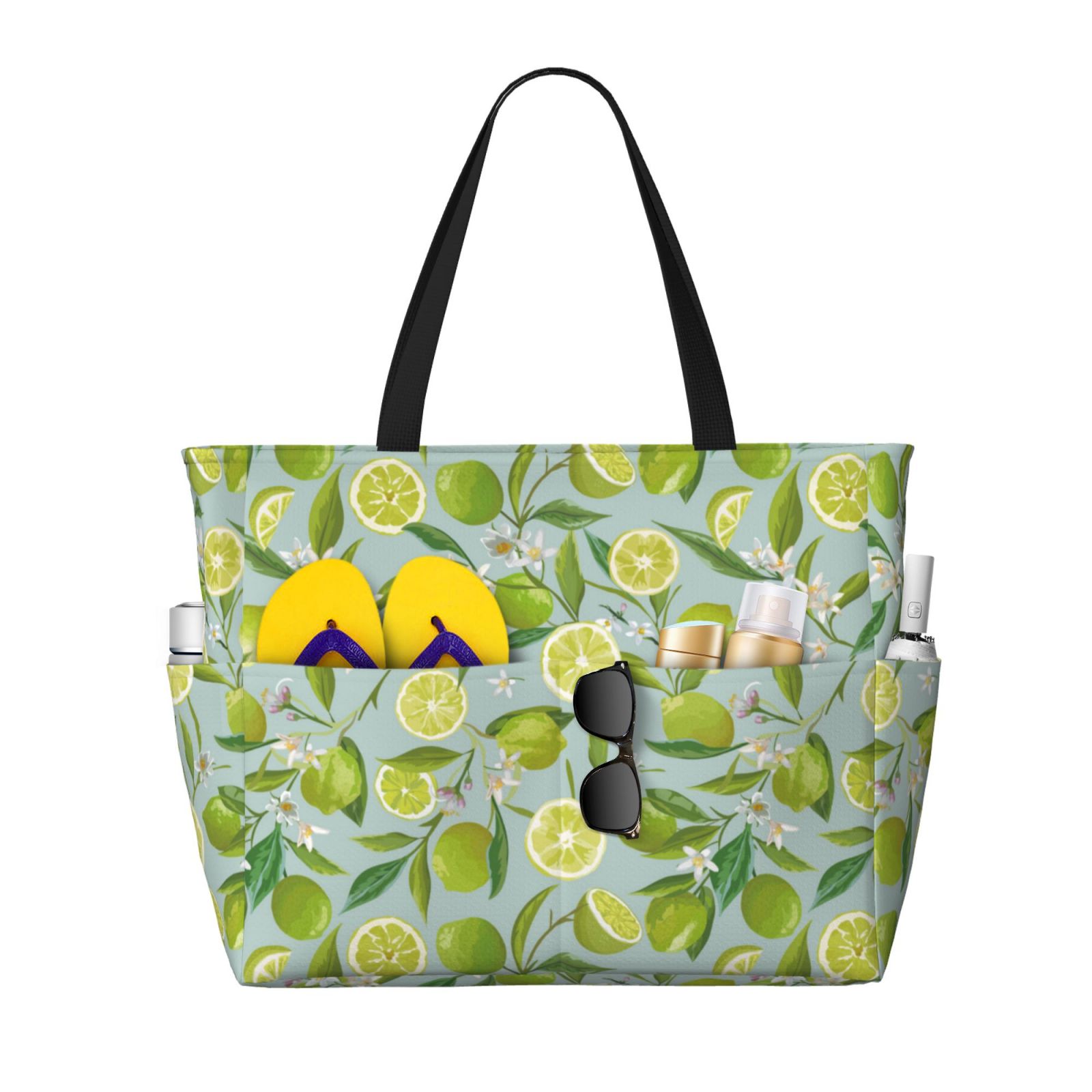 Large Beach Bags Waterproof Sandproof - Cute Limes Purple Flowers Cute ...