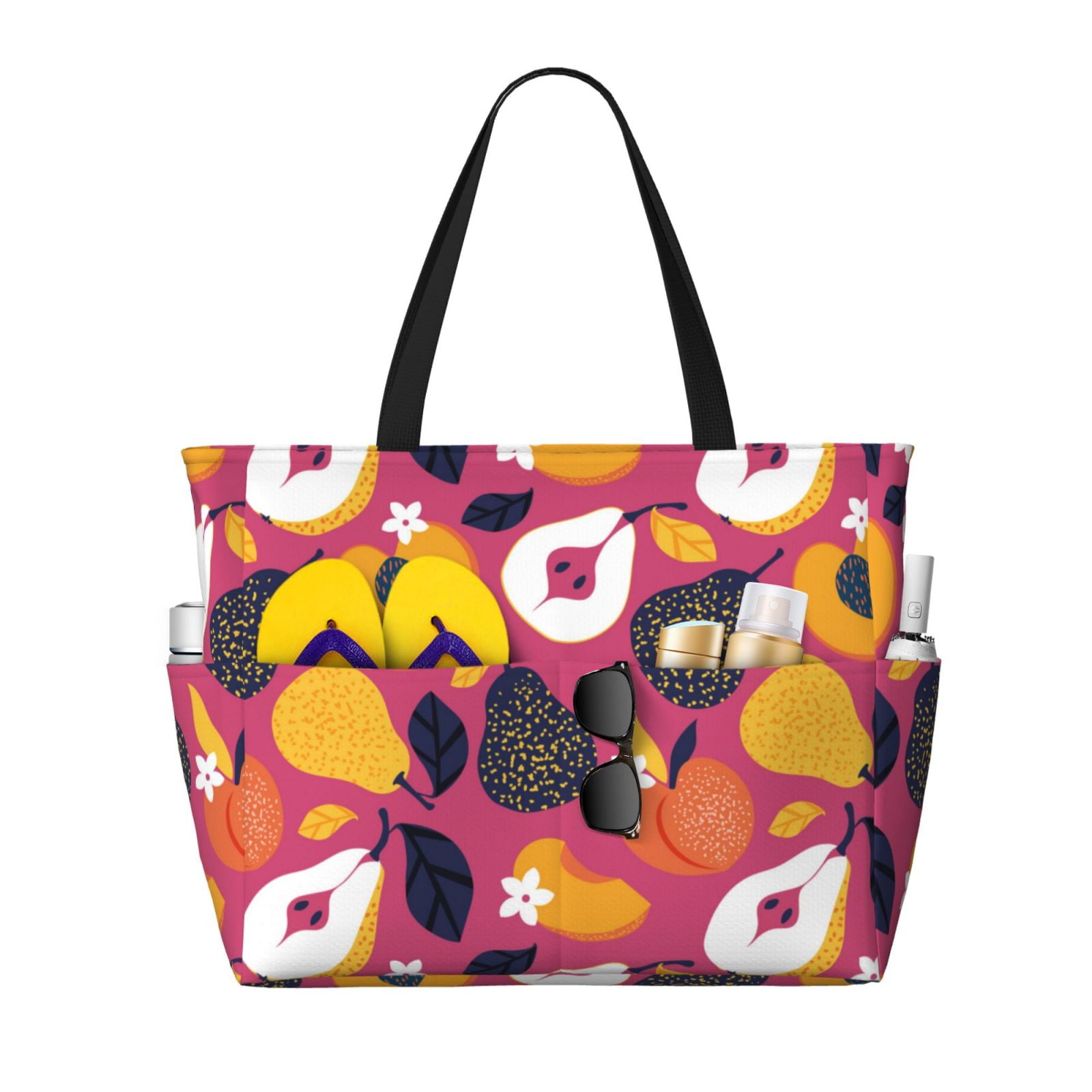 Large Beach Bags Waterproof Sandproof - Cute Pear Peach Gold Flower ...