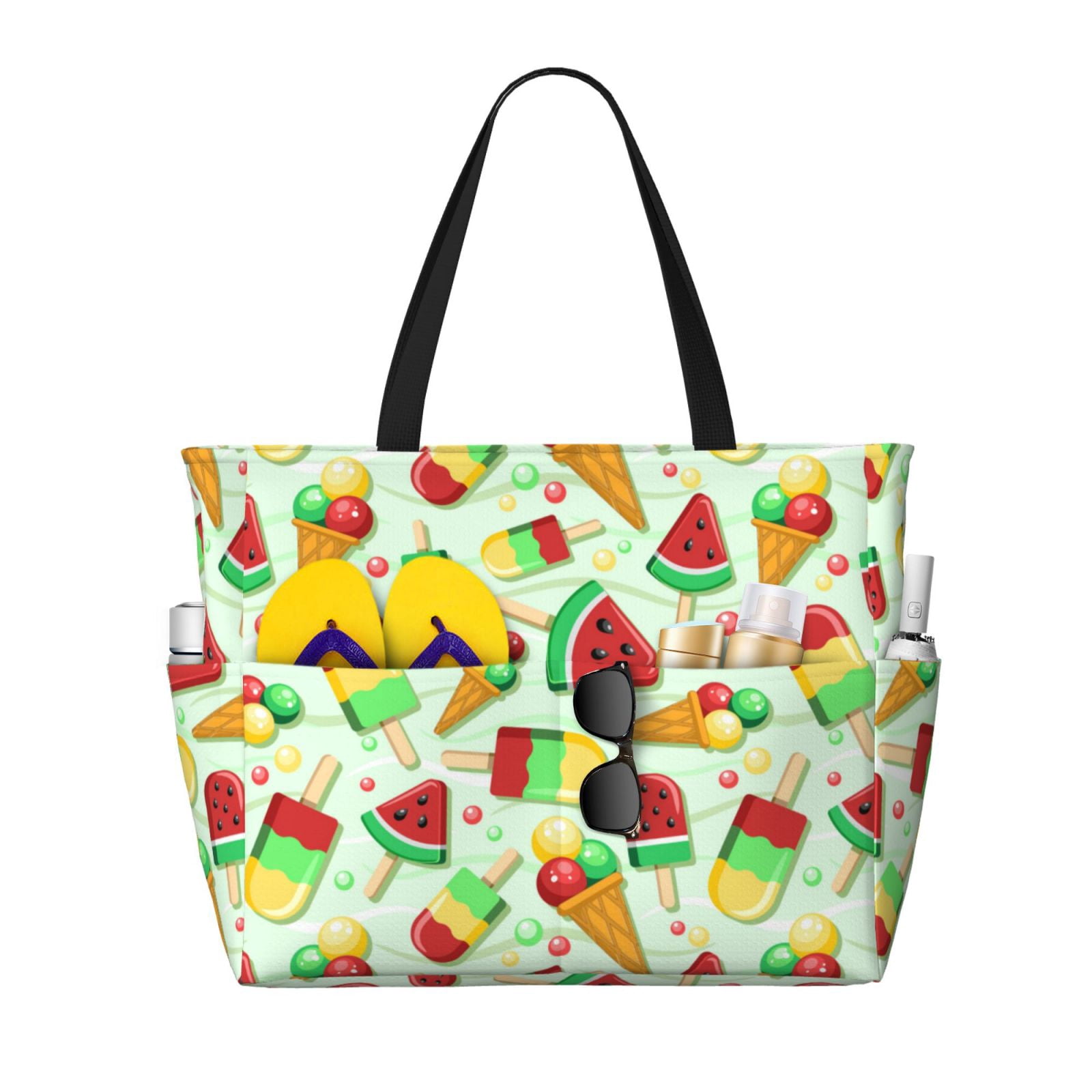 Large Beach Bags Waterproof Sandproof - Watermelon Ice Cream Print Cute ...