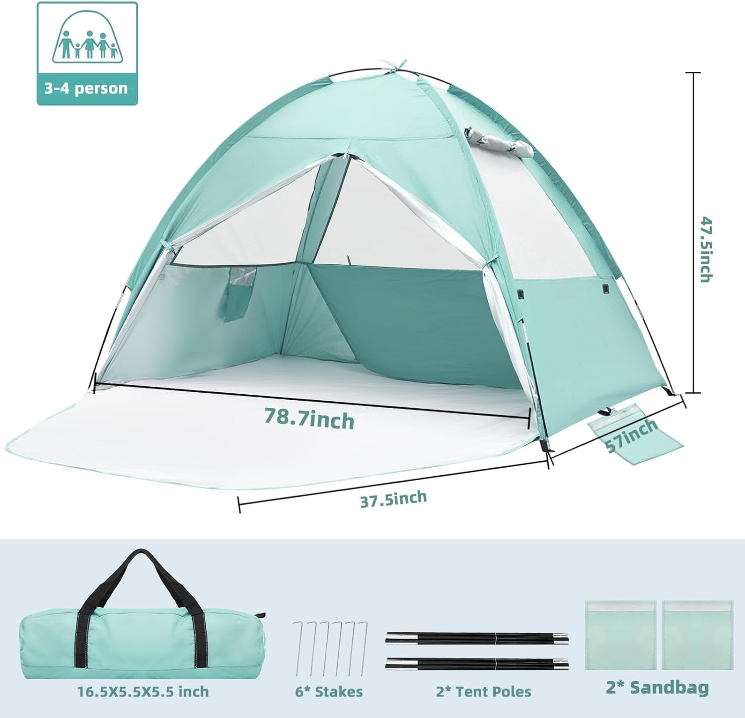 Large Beach Tent for 3-4 People, UPF 50+ , Easy Setup Shade Canopy with ...