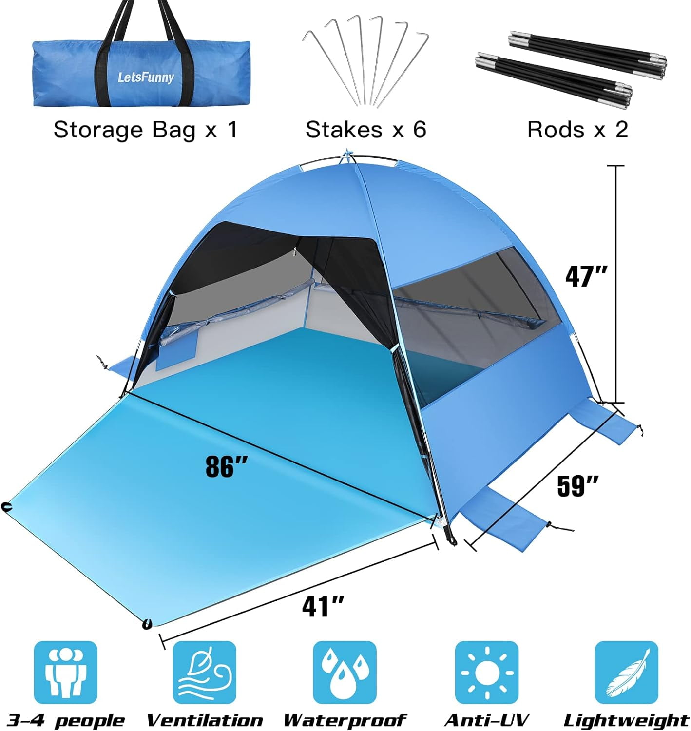 Large Beach Tent with UPF 50+ , 3 Mesh Windows, Extended Floor for 3-4 ...