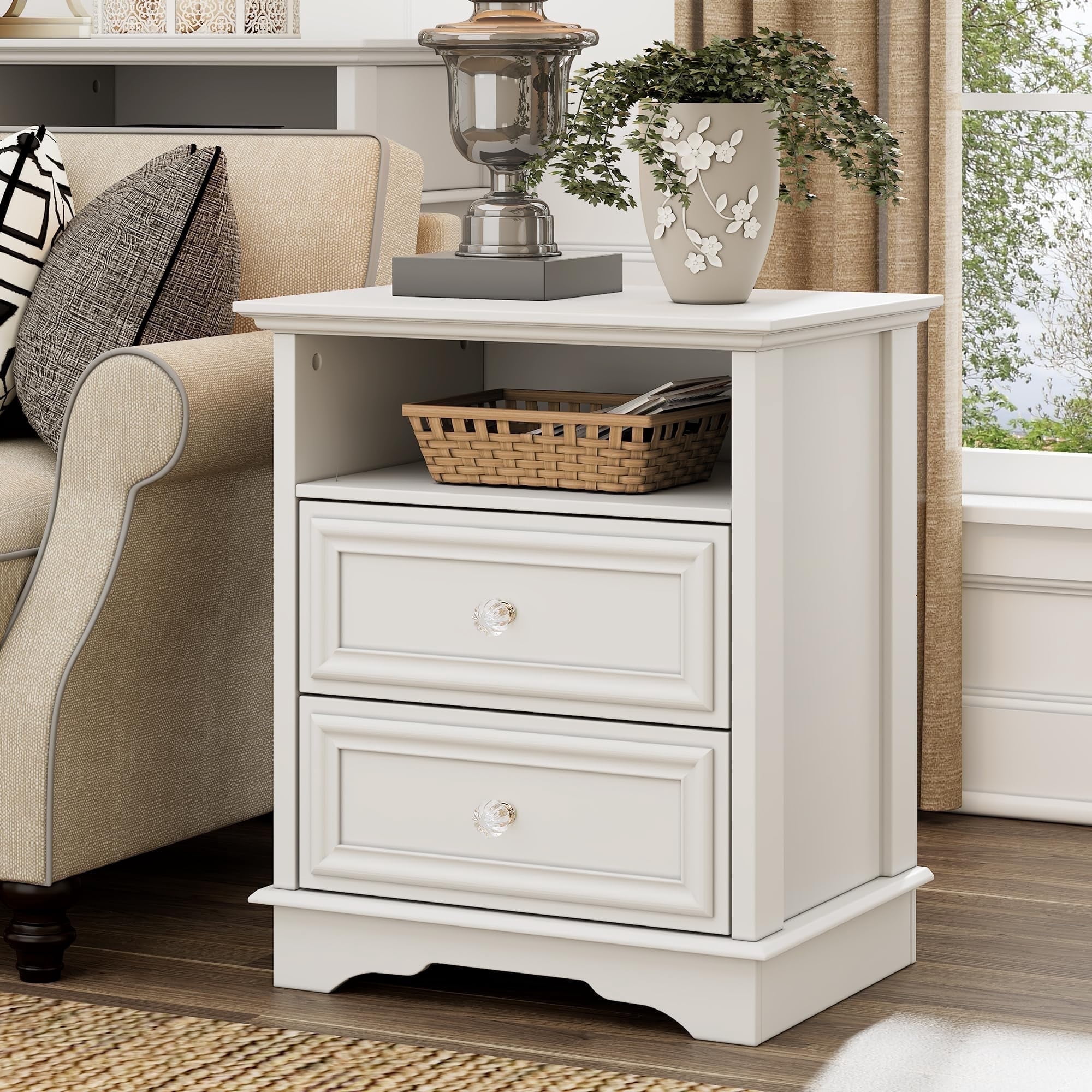 Large Bedside Table with 2 Drawers & Hidden Drawer, 25'' Tall Wood ...