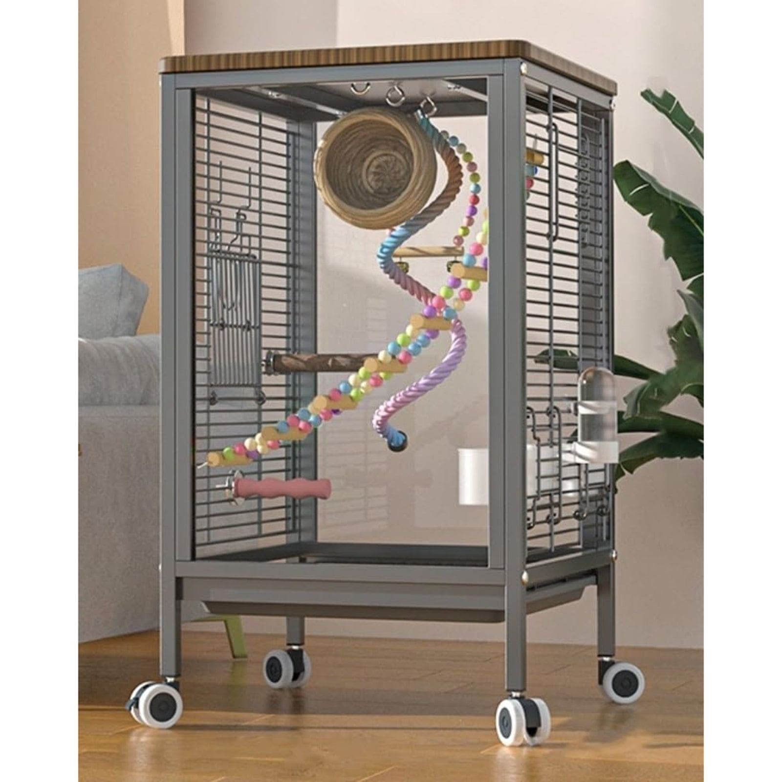 Large Bird Cage for Parrots, with Acrylic Doors & 4 Casters, Rolling ...
