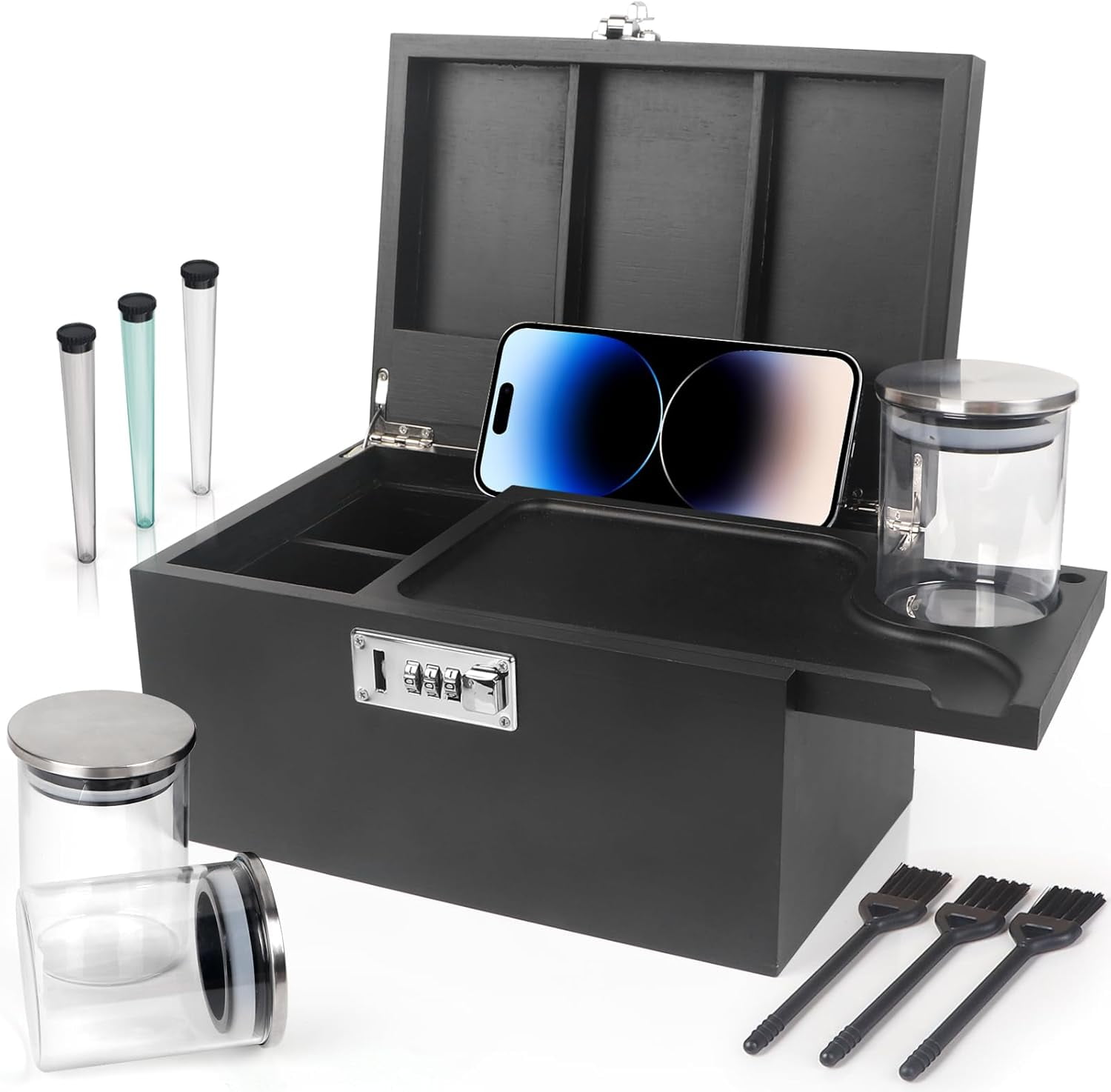 Large Black Bamboo Box with Combination Lock, Premium Smell Proof Box ...