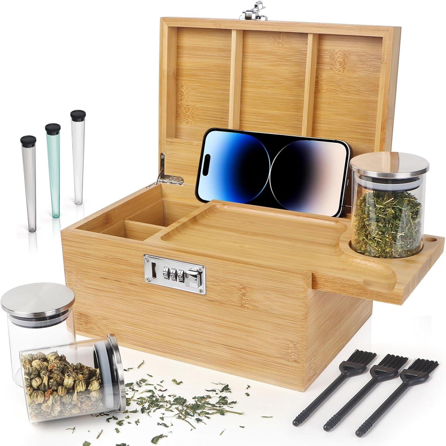 Large Black Bamboo Box with Combination Lock, Premium Smell Proof Box ...