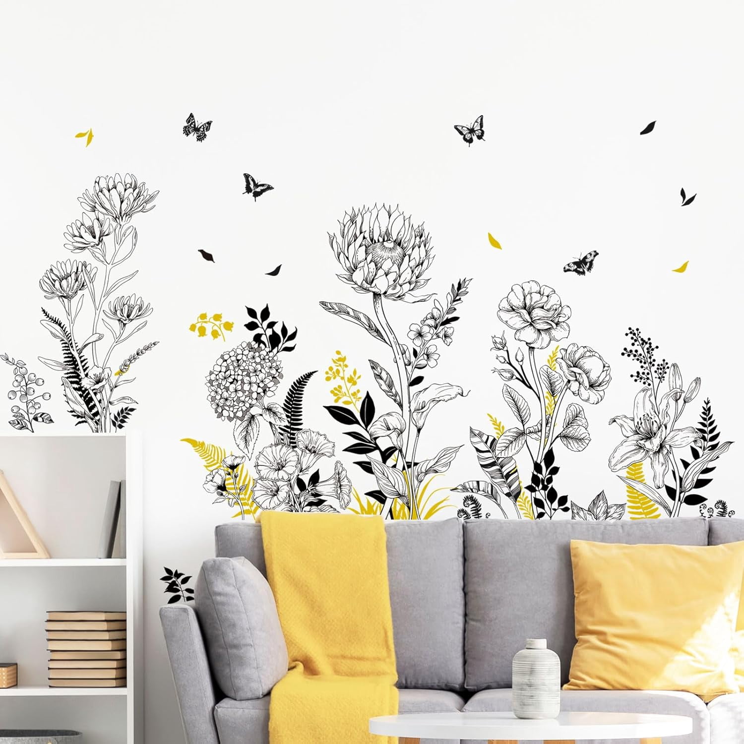 Large Black Boho Flower Wall Decals, 3 Sheets Simple Sketch Floral Wall ...
