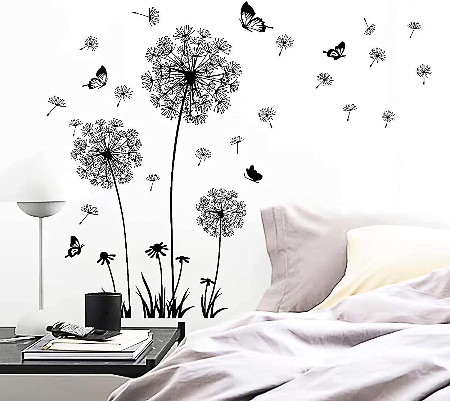 Large Black Dandelion Wall Decals, Flying Flowers Stickers, Removable ...
