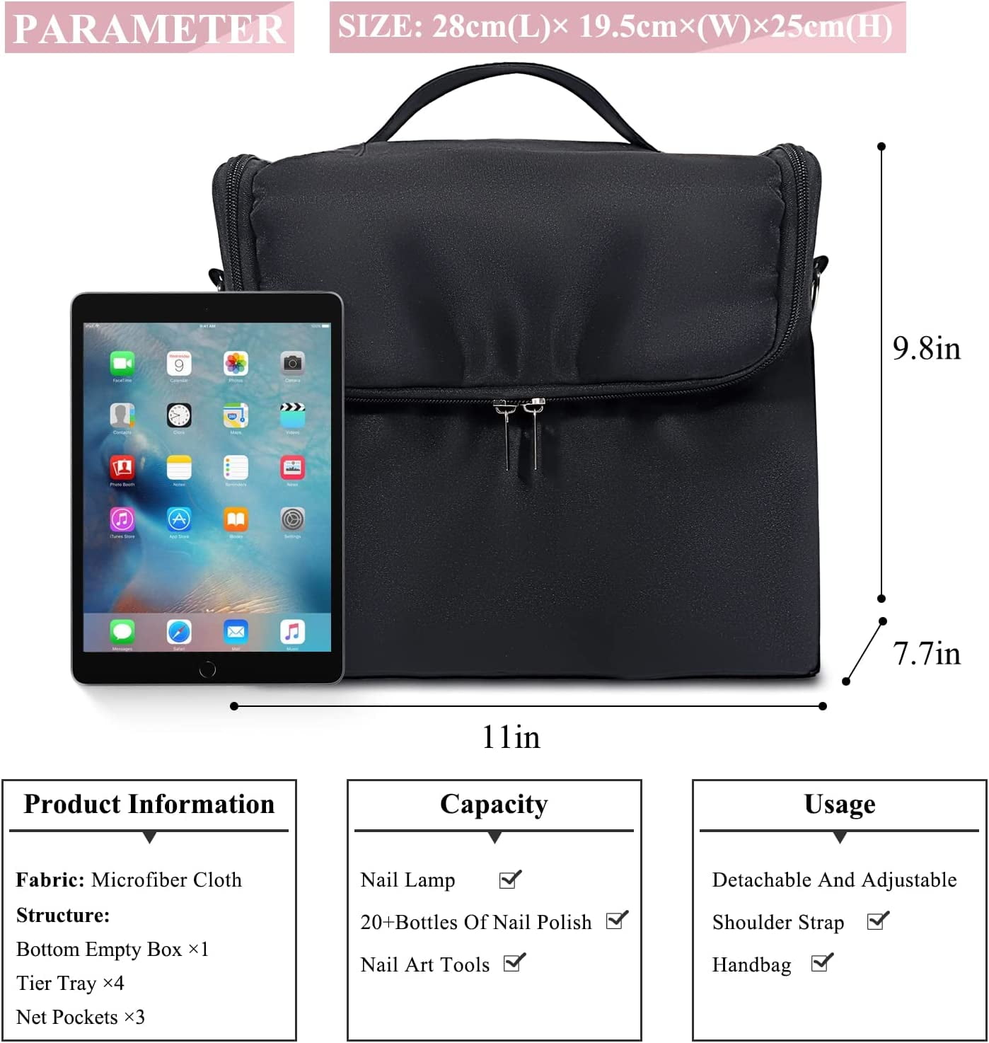 Large Black Makeup Travel Bag with 4 Tiers, Adjustable Dividers for ...