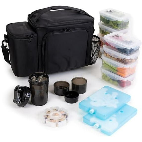 Large Black Meal Prep Lunch Bag, 8 Portion Control Containers, Pill ...