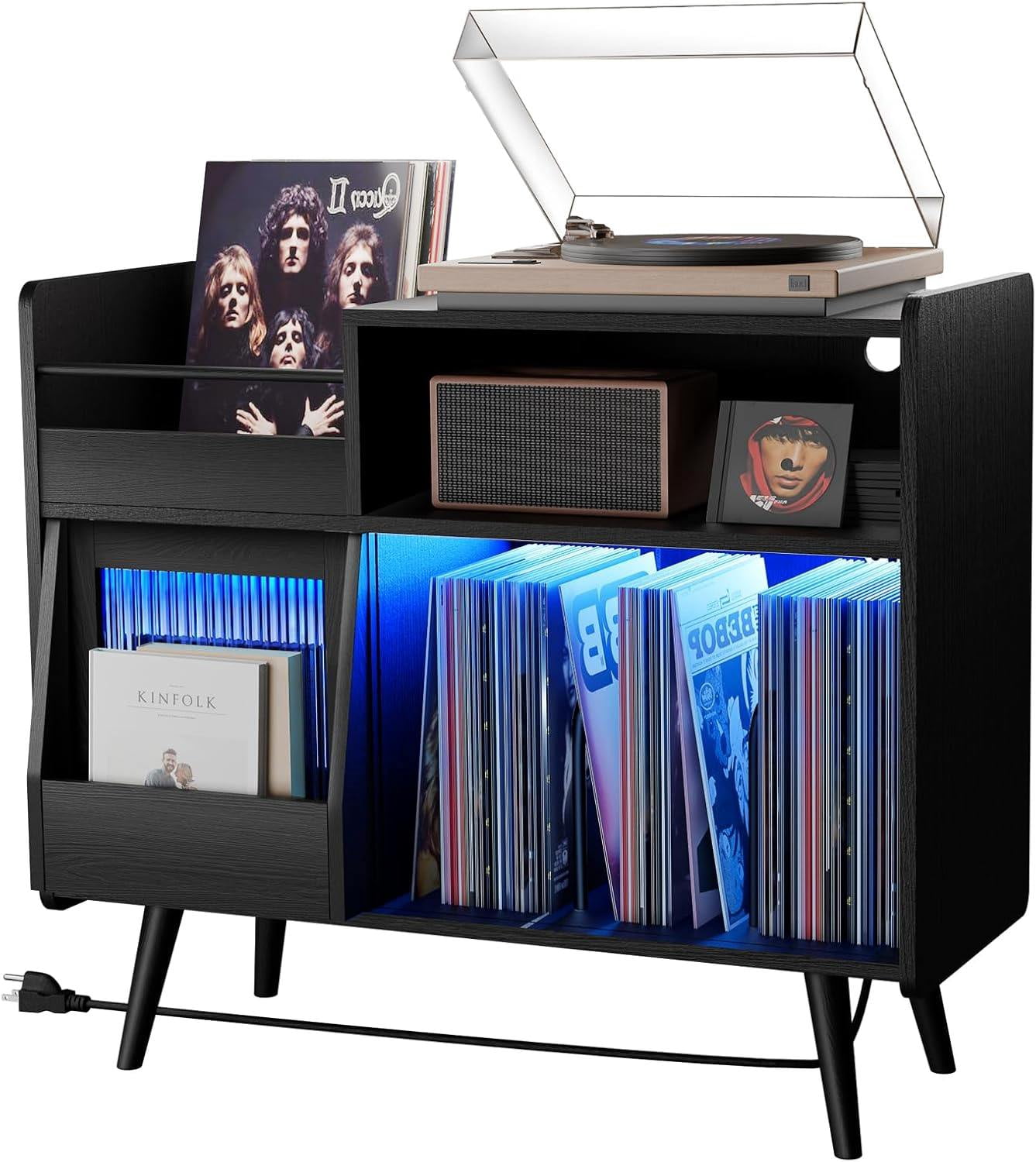 Large Black Record Player Stand with Power Outlets, USB Ports, LED ...