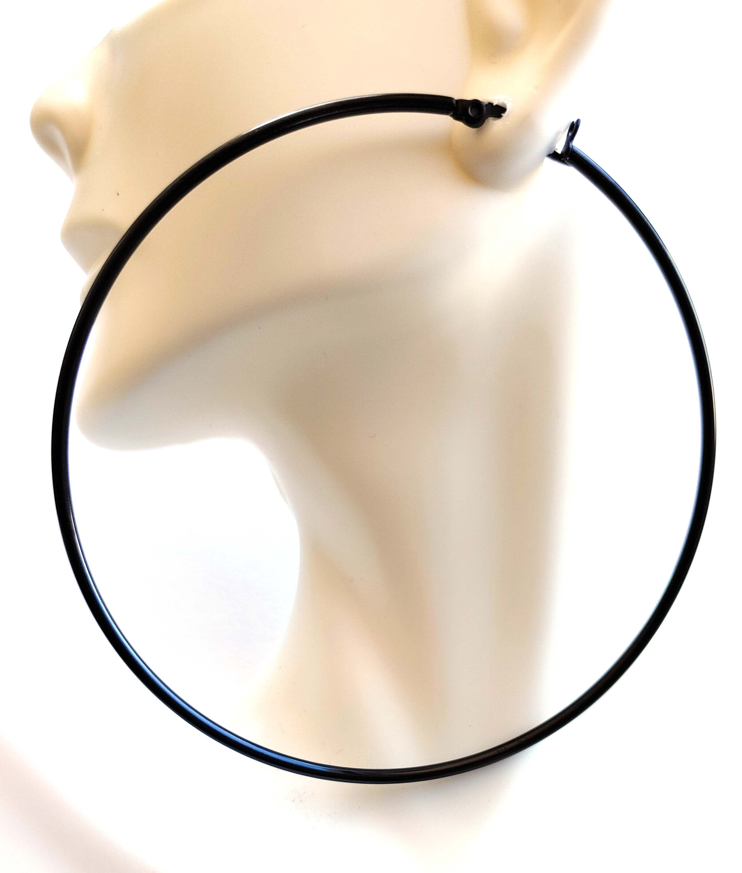 Large Black Stainless Steel Hoop Earrings Classic Thin 3 inch Hoops ...