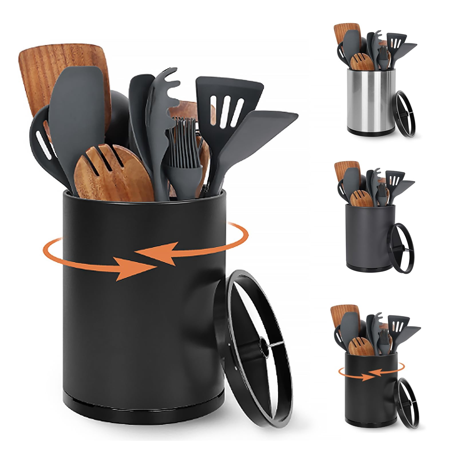 Large Black Stainless Steel Kitchen Utensil Organizer, Countertop 360 ...