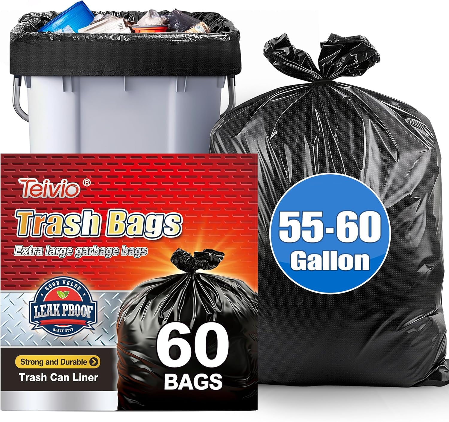 Lar Black Trash Bags 55-60 Gallon 60 Counts Industrial Sturdy Garba ...