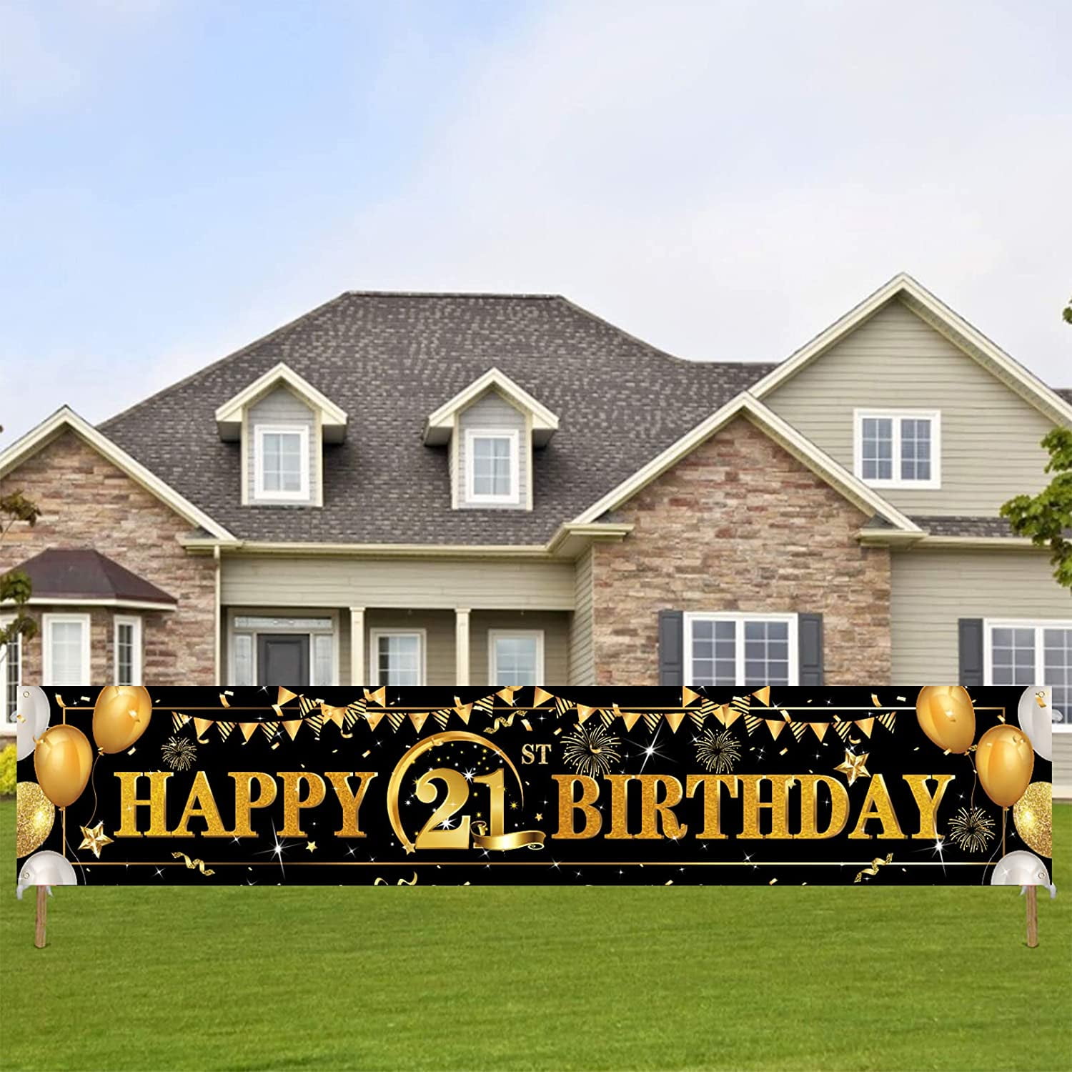 Large Black and Gold Happy 21st Birthday Banner Sign - Party ...