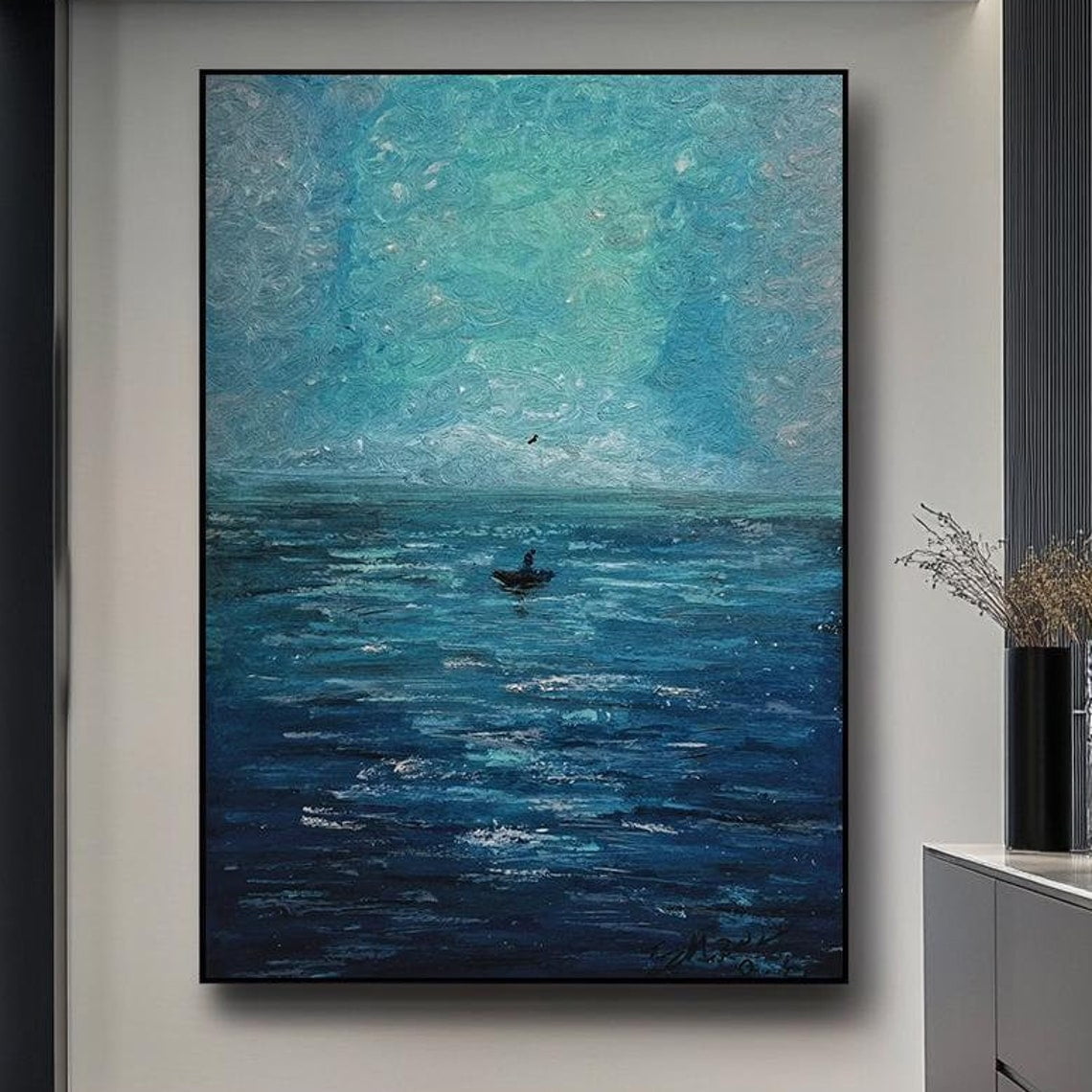Large Blue Wall Art, A Man Rowing In The Sea Painting, Blue Abstract ...