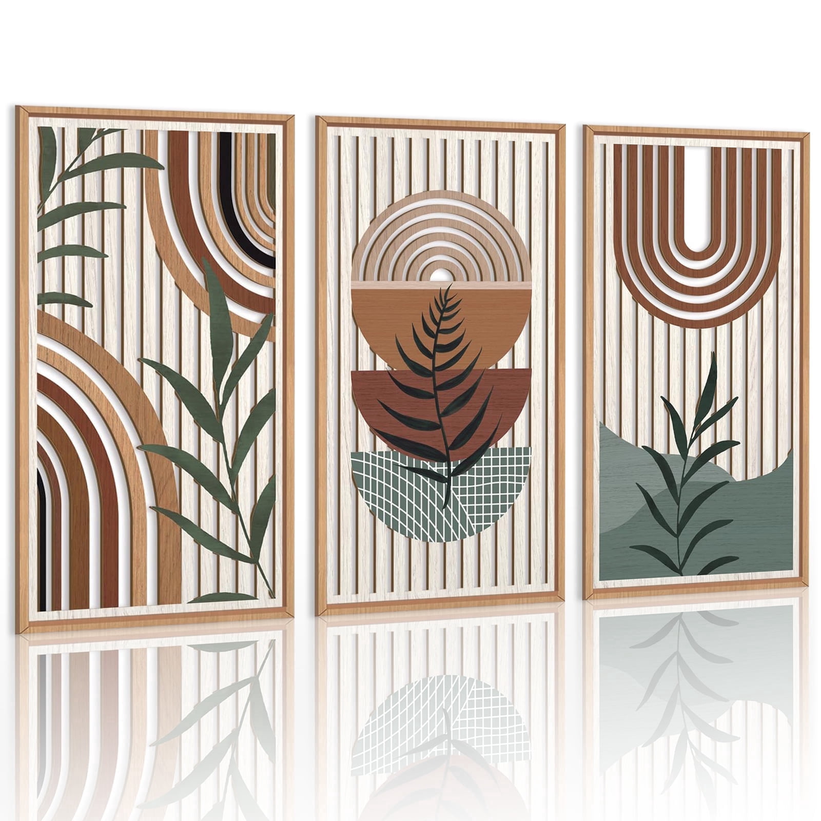 Large Boho Wall Art Set Of 3 Framed Mid Century Modern Wooden Wall ...
