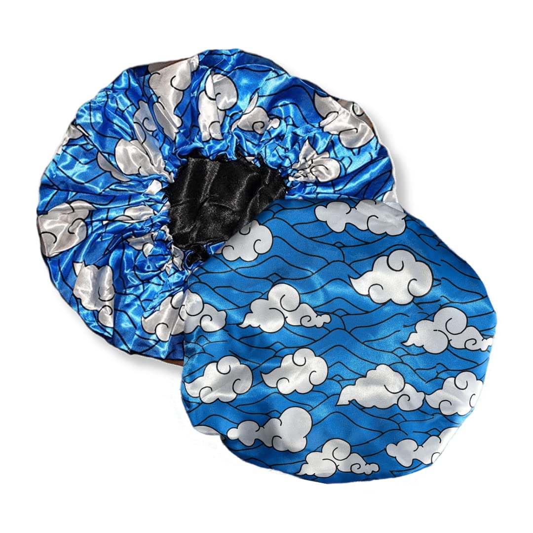 Large Bonnet - Silky Satin Bonnet with Elastic Soft Band (Blue White ...