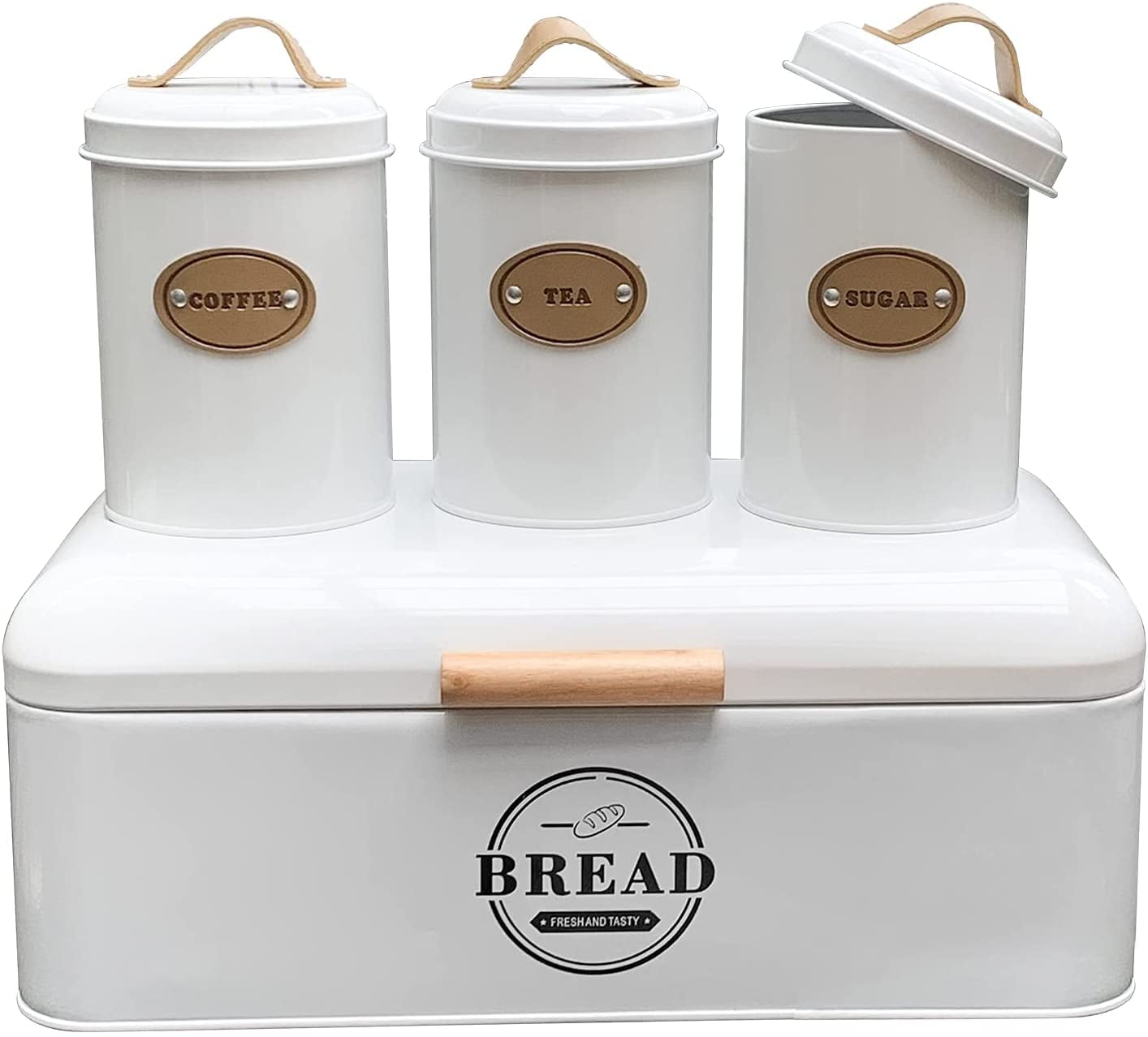 Large Bread Box and 3 Pieces with Sugar Tea Coffee Containers Set ...