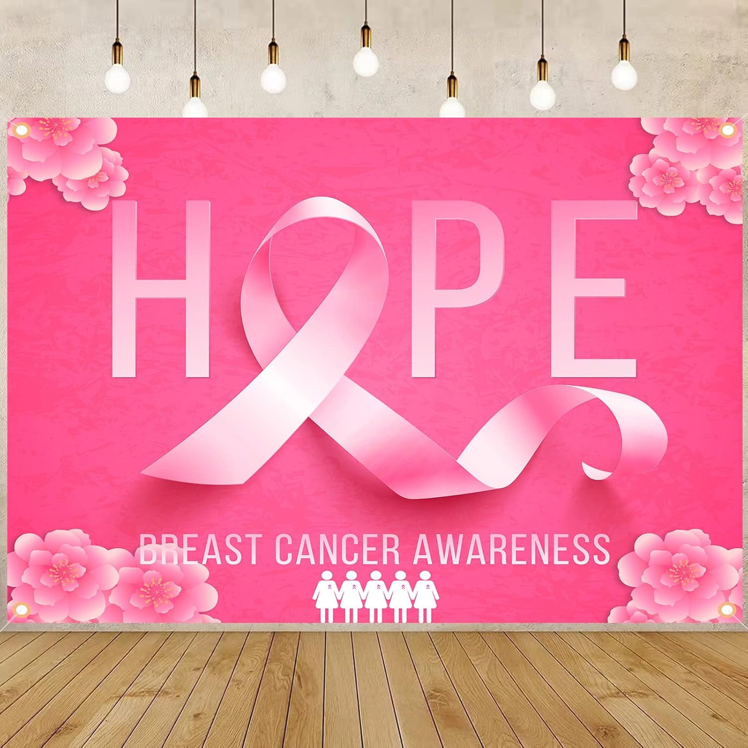 Large Breast Cancer Awareness Banner Backdrop, Pink Ribbon Flowers Sign ...