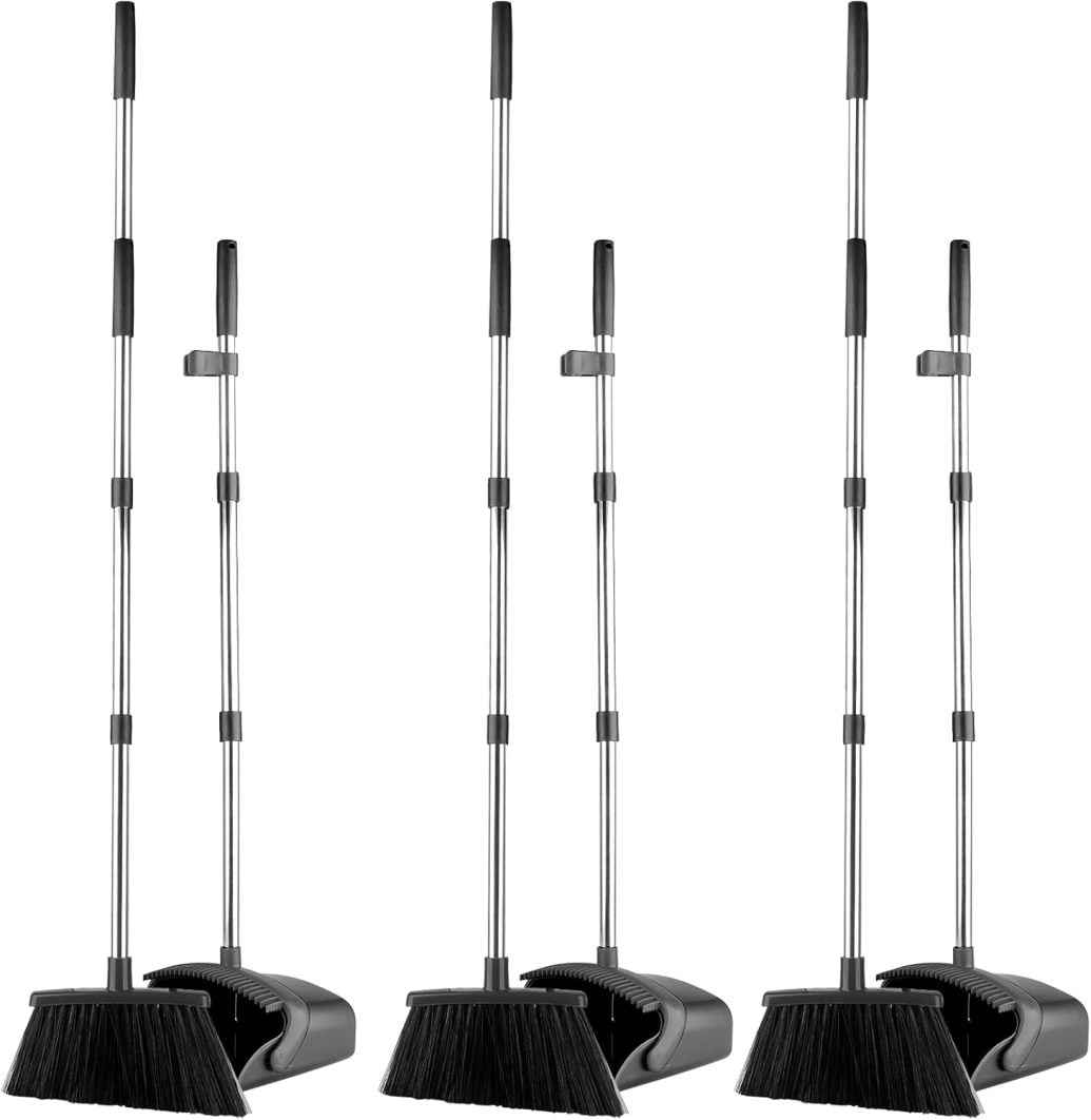 Large Broom and Dustpan Set, 3-PACK Commercial Heavy Duty Dustpan and ...