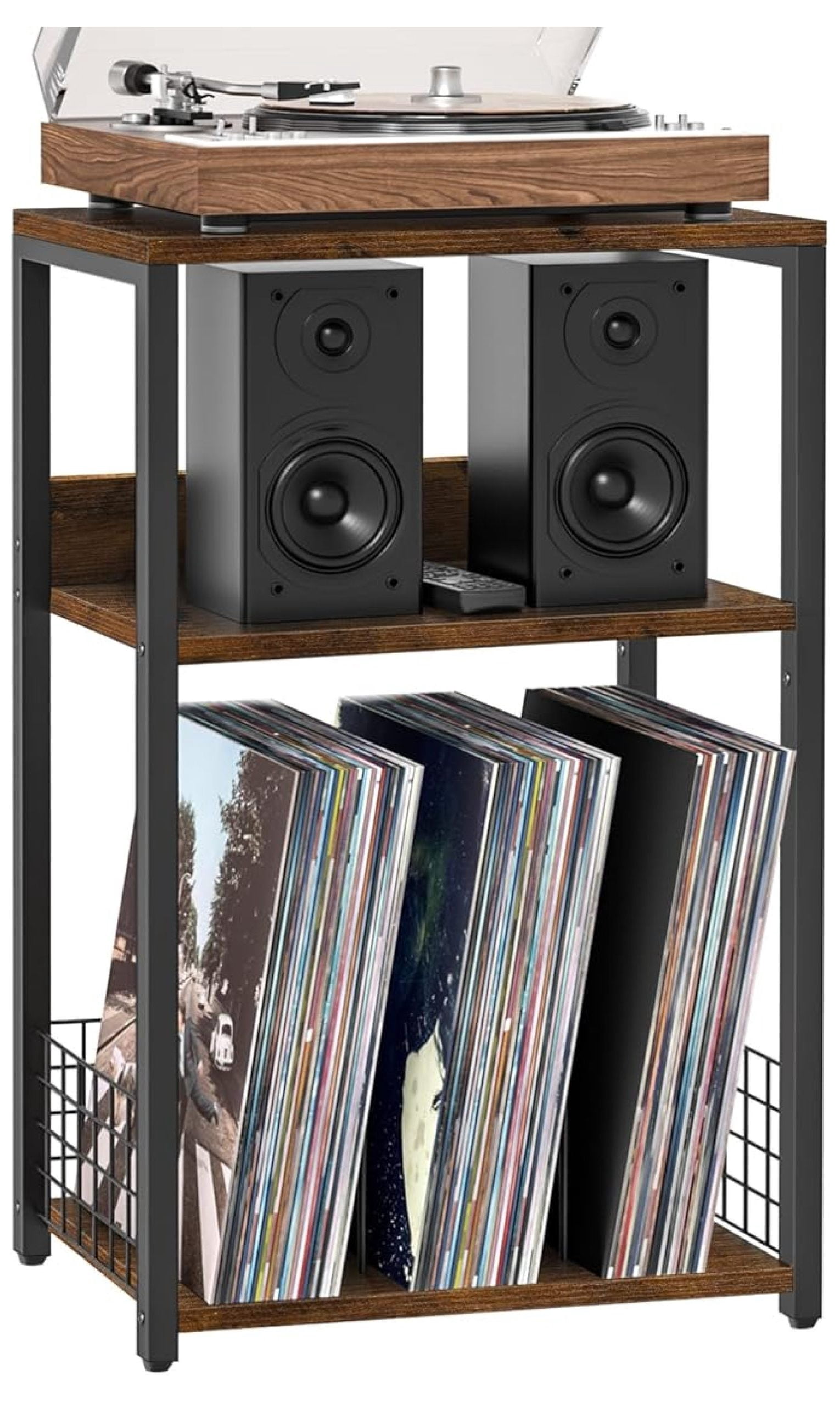 Large Brown Record Player Stand, 3 Tier 18" Wide Big End Table with ...