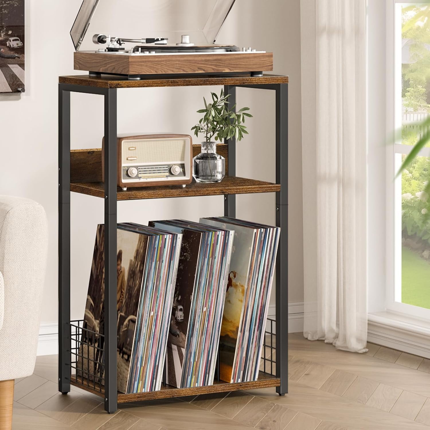 Large Brown Record Player Stand, 3 Tier Big End Table with Vinyl ...