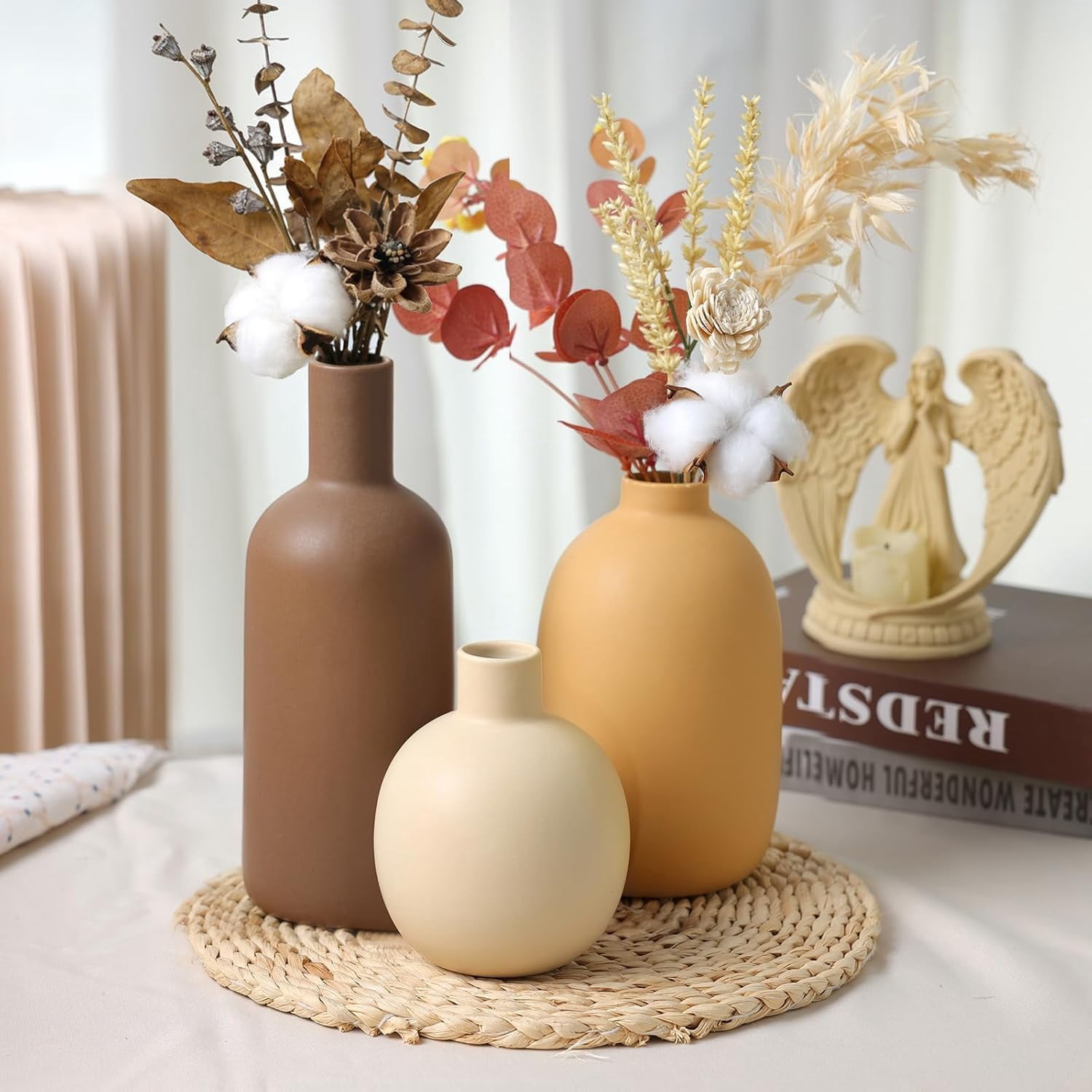 Large Brown Rustic Ceramic Vase Set of 3 for Farmhouse Décor with ...