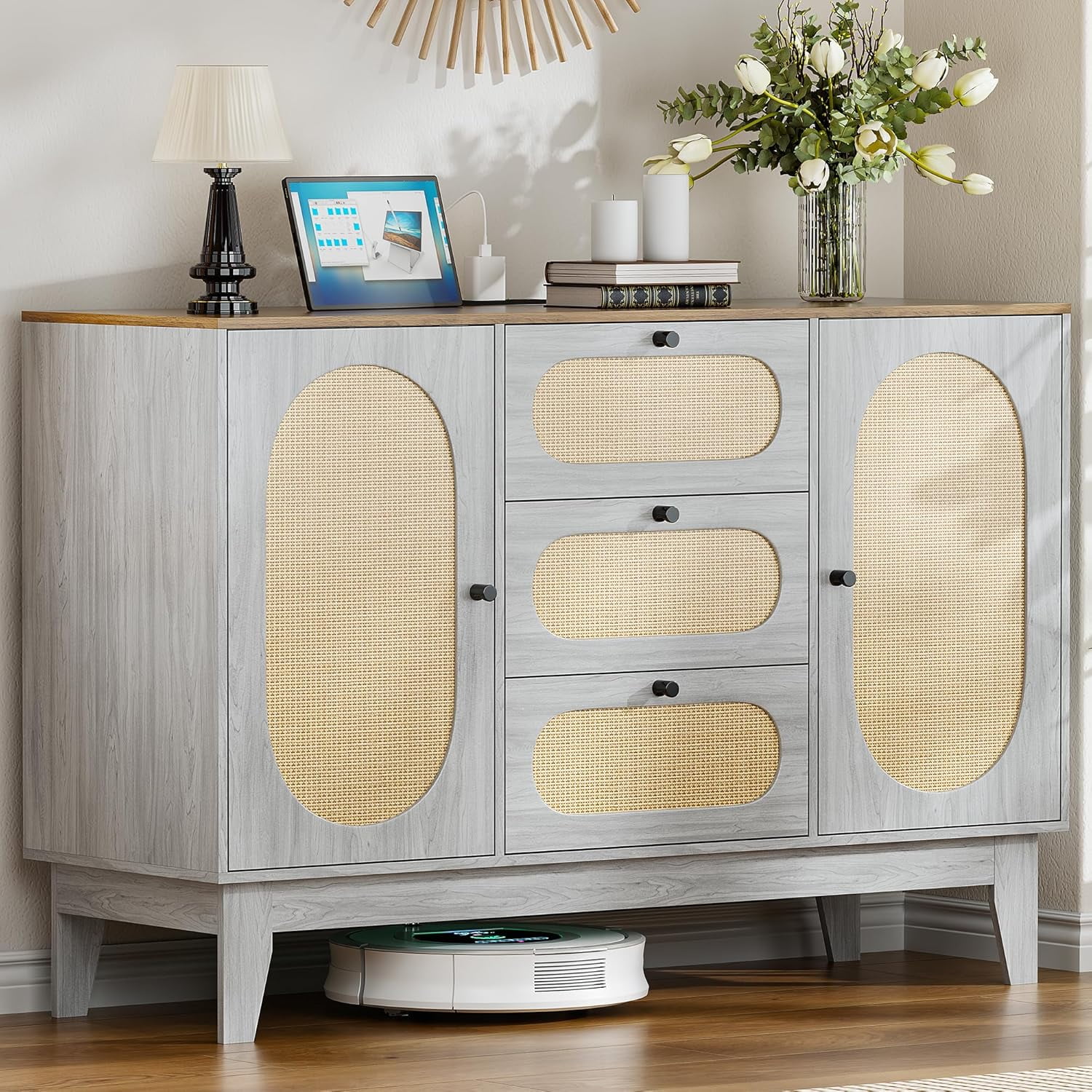 Large Buffet Sideboard Cabinet with Charging Station,Rattan Credenza ...