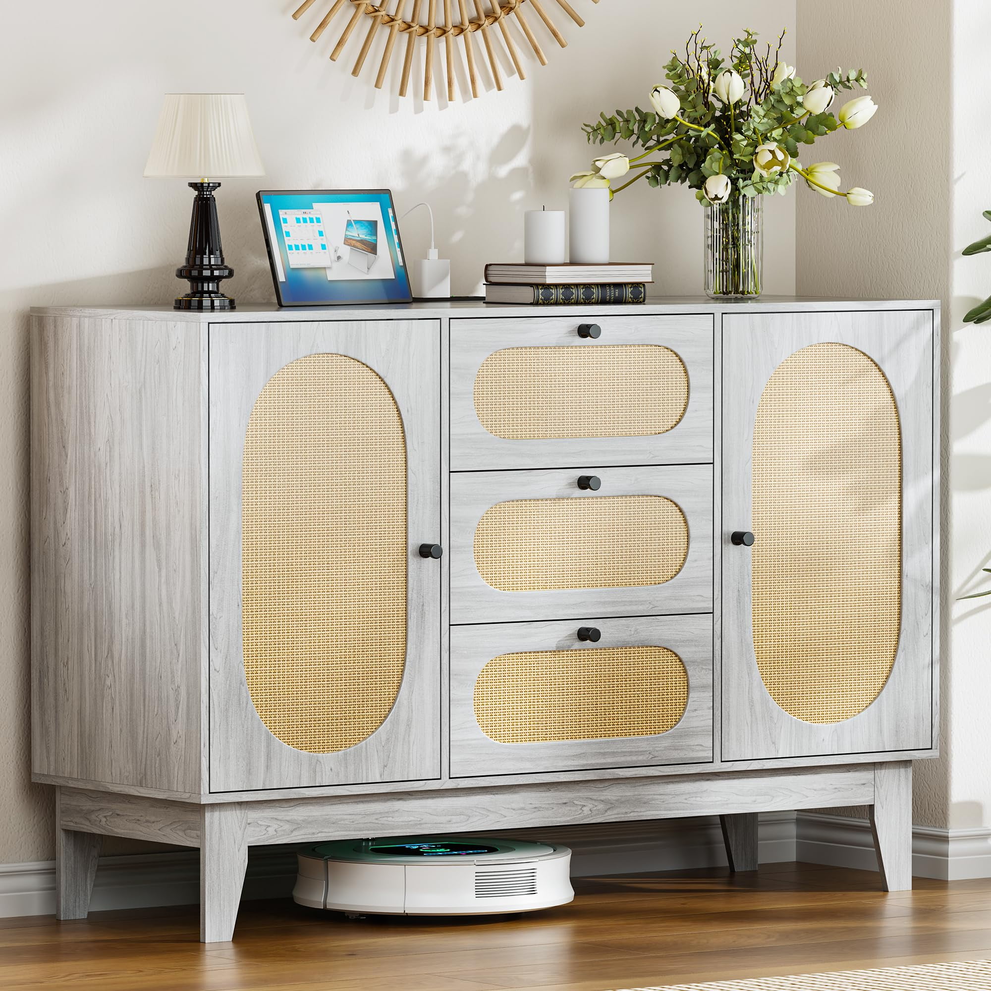 Large Buffet Sideboard Cabinet with Charging Station, Rattan Credenza ...