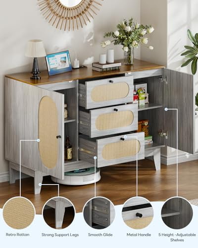 Large Buffet Sideboard Cabinet with Charging Station,Rattan Credenza ...