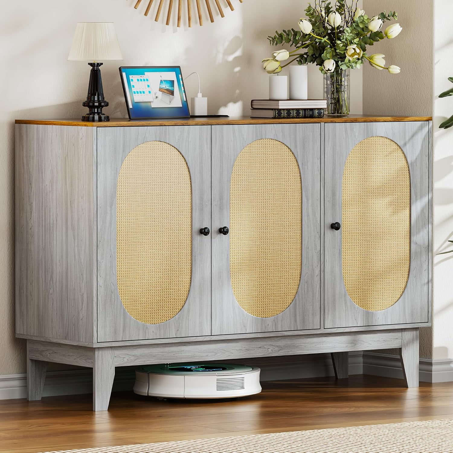 Large Buffet Sideboard Cabinet with Charging Station, Rattan Credenza ...