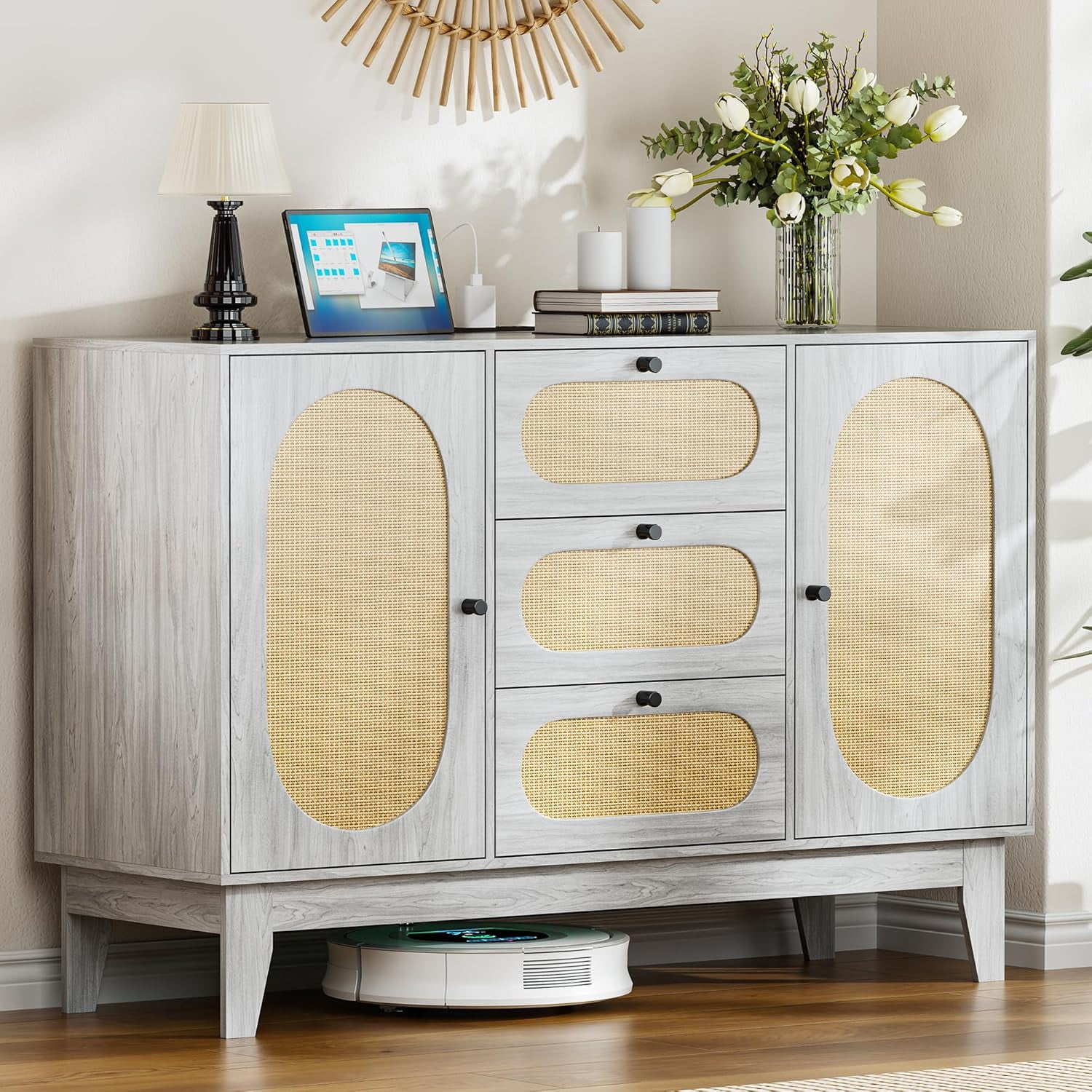 Large Buffet Sideboard Cabinet with Charging Station, Rattan Credenza ...