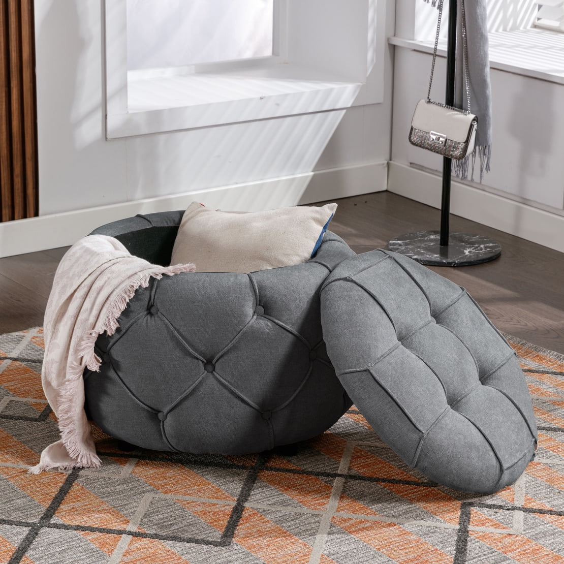 Large Button Tufted Storage Ottoman, Modern Round Woven Foot Stool with ...