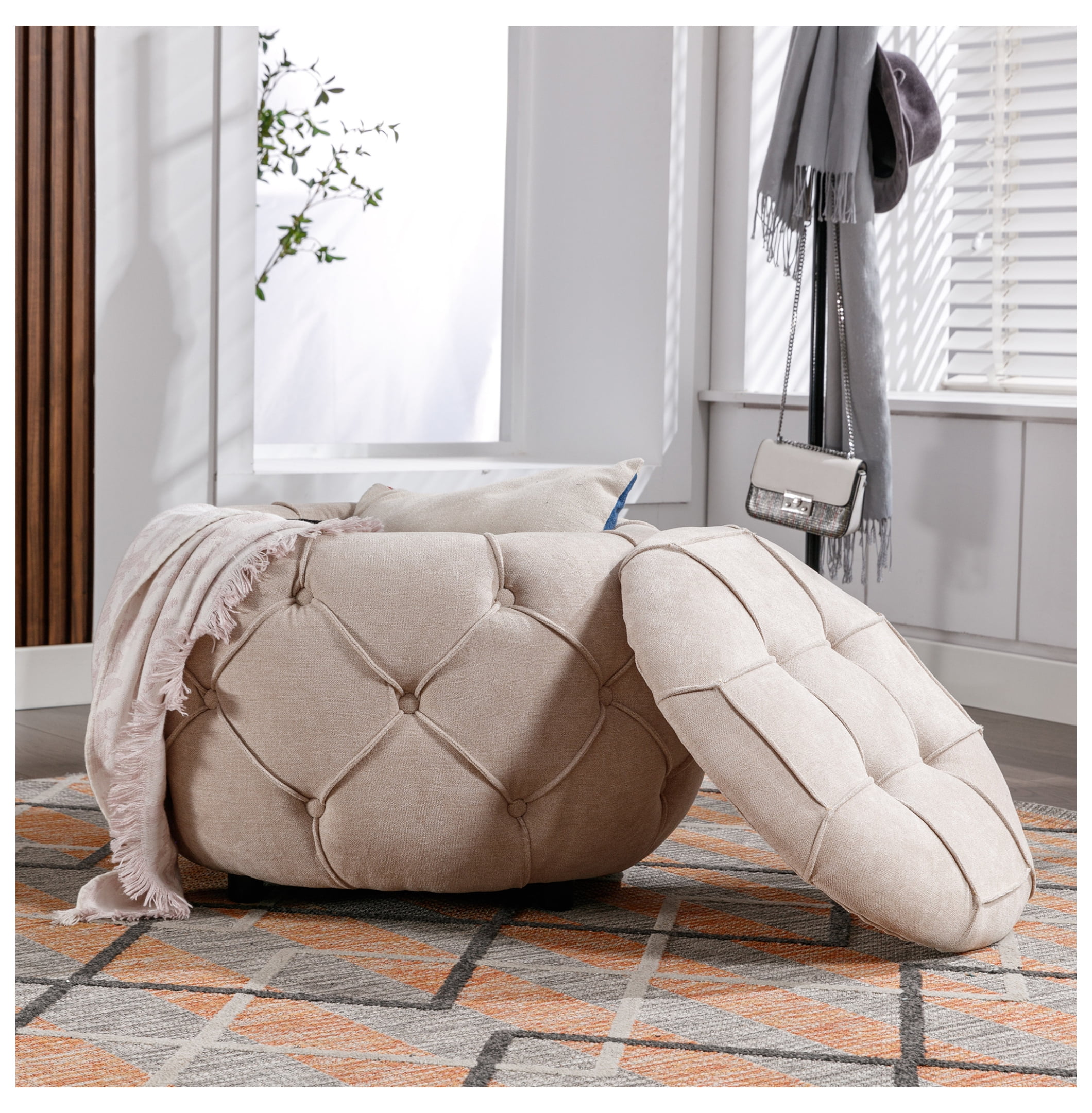 Large Button Tufted Woven Round Storage Footstool。Suitable for living ...