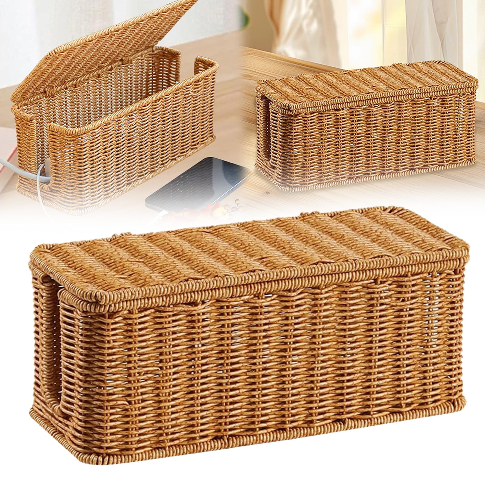 Large Cable Management Box Handwoven Imitation Rattan Organizer Box ...
