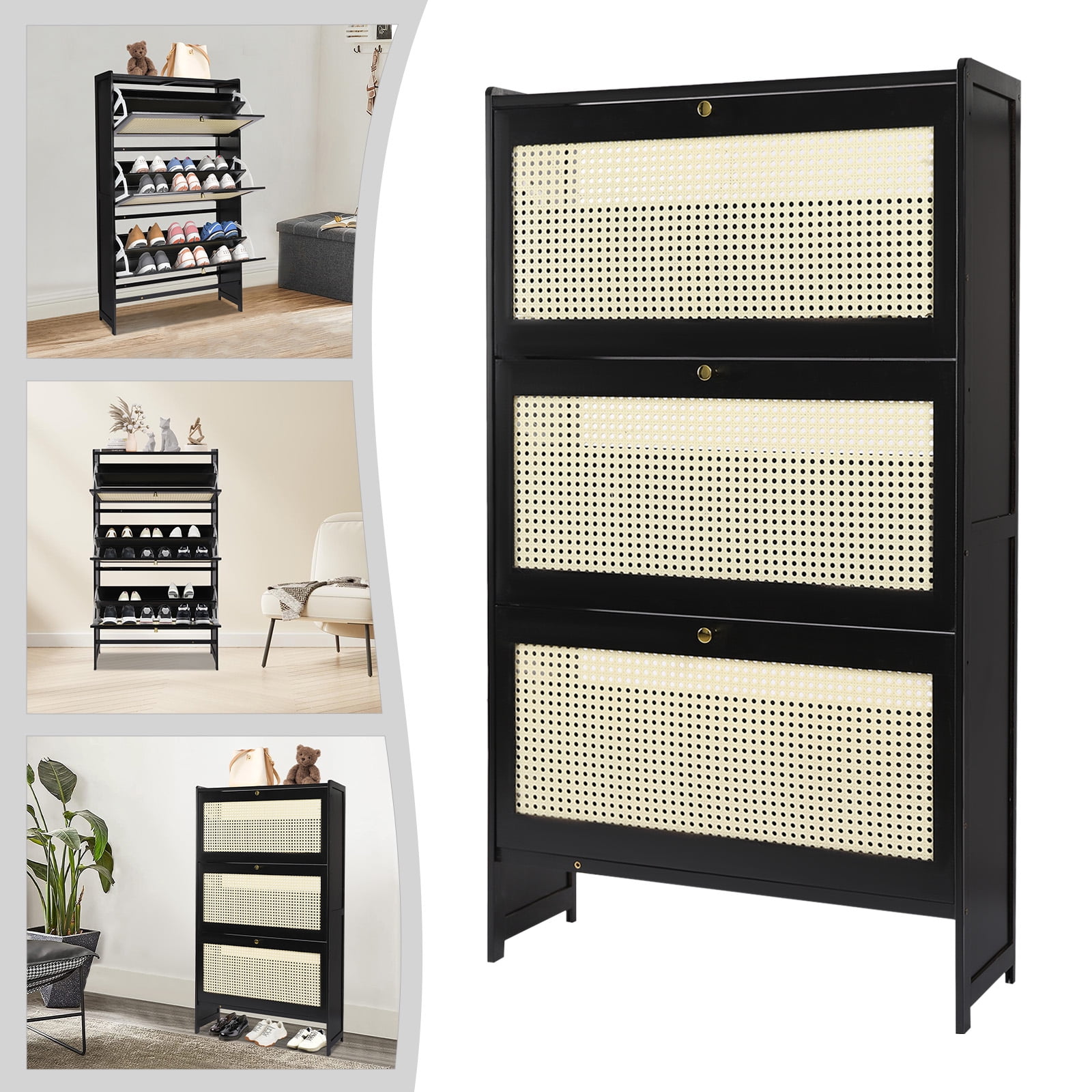 Large Capacity Bamboo Shoe Cabinet, 3-Tier Storage with Flip Doors ...