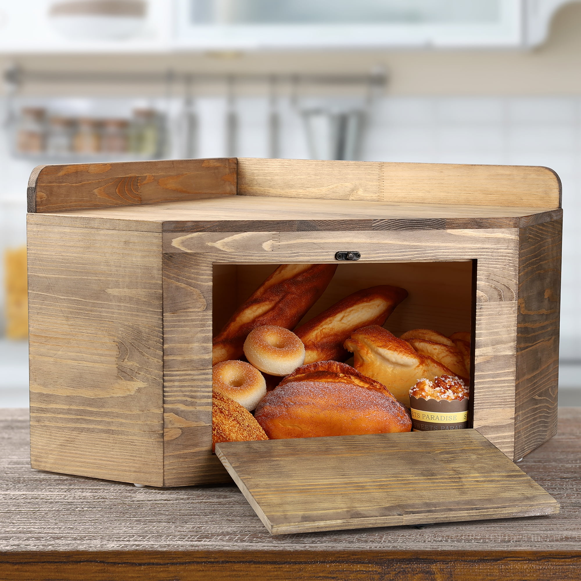 Large Capacity Corner Bread Box for Kitchen Countertop with 2x16oz Mason Jars with Flowers Nut Brown