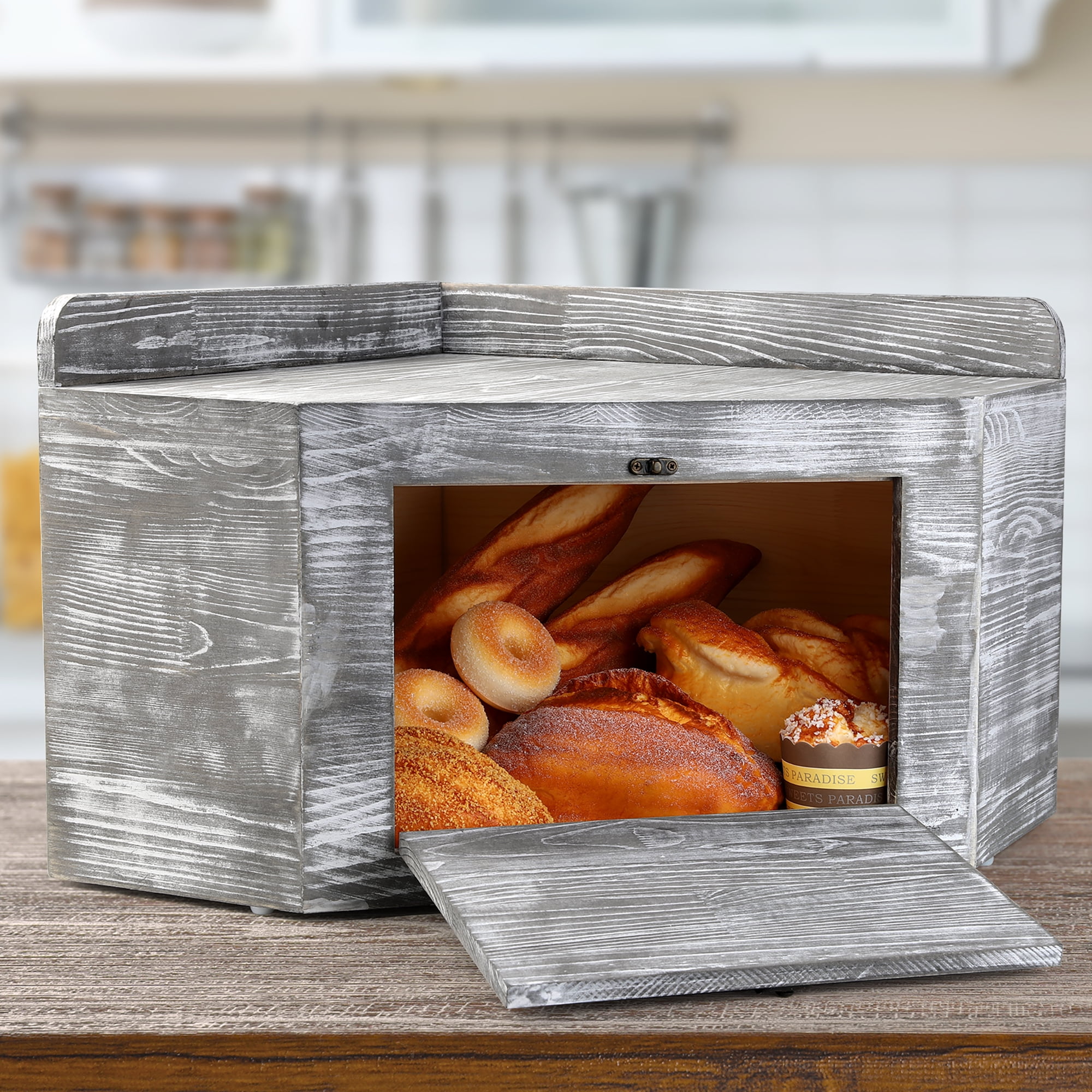 Large Capacity Farmhouse Corner Bread Box, Bread Storage Keeper with ...
