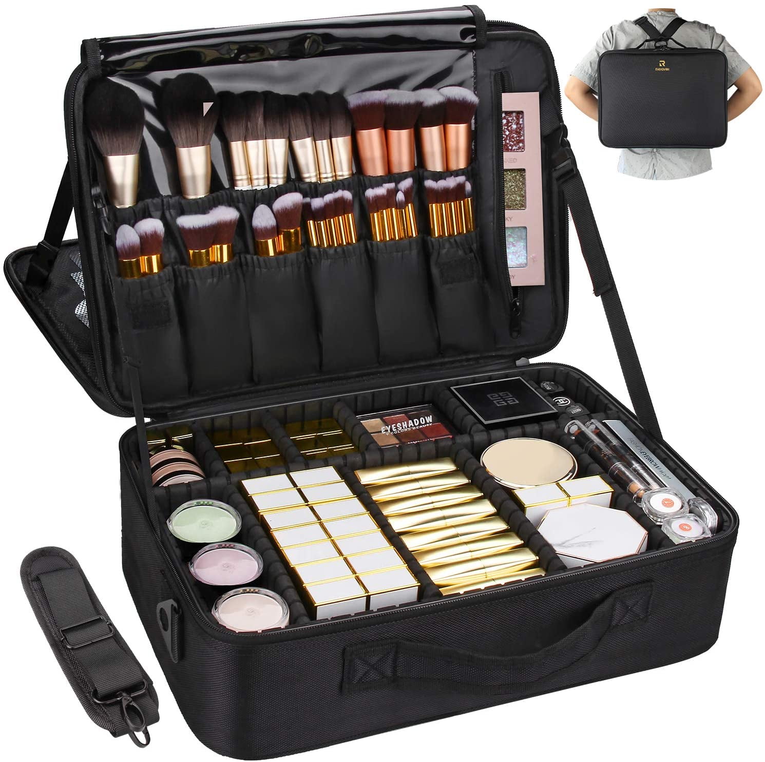 Large Capacity Makeup Case 3 Layers Cosmetic Organizer Brush Bag 16.5 ...