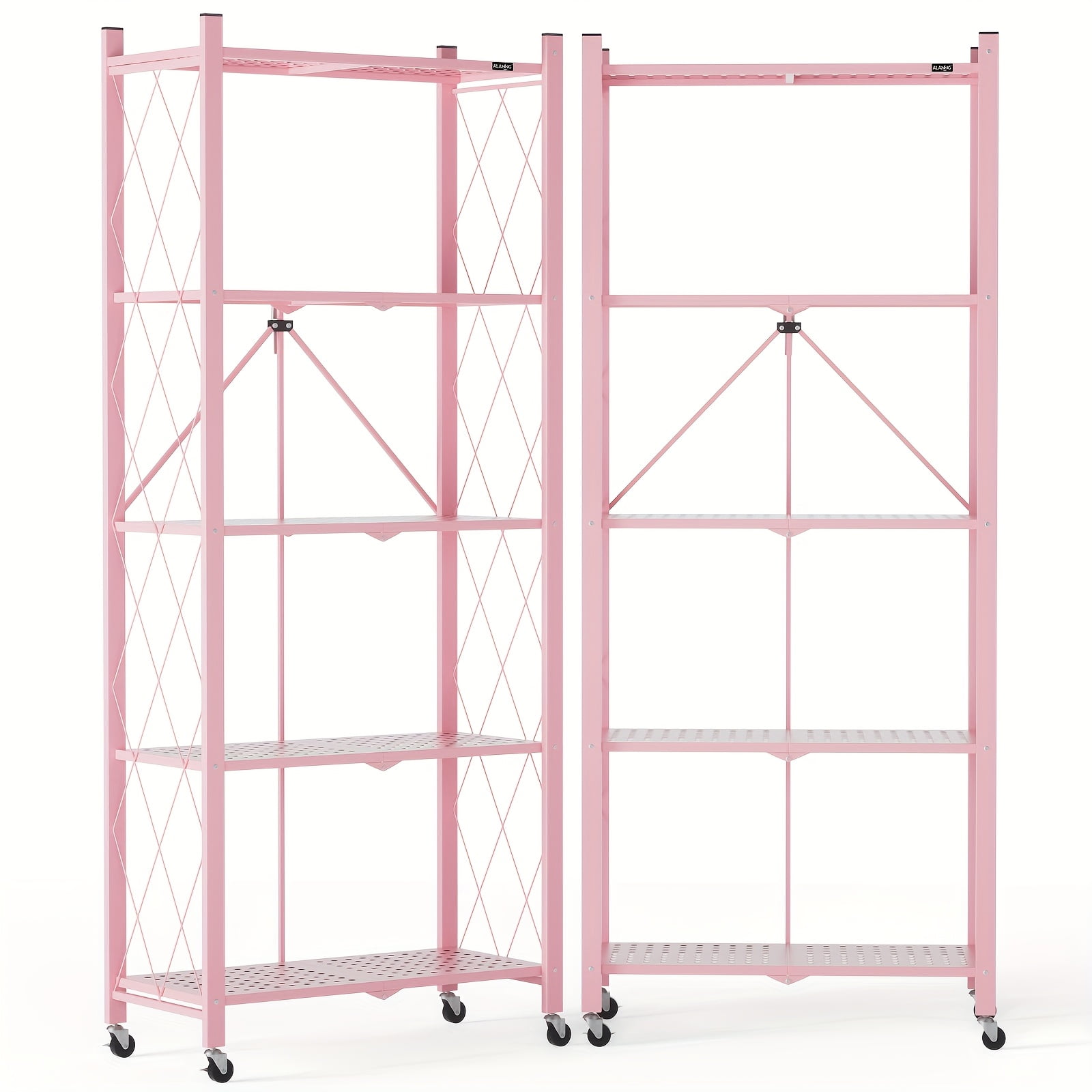 Large Capacity Pink 5-Tier Folding Shelf with Wheels for Kitchen ...