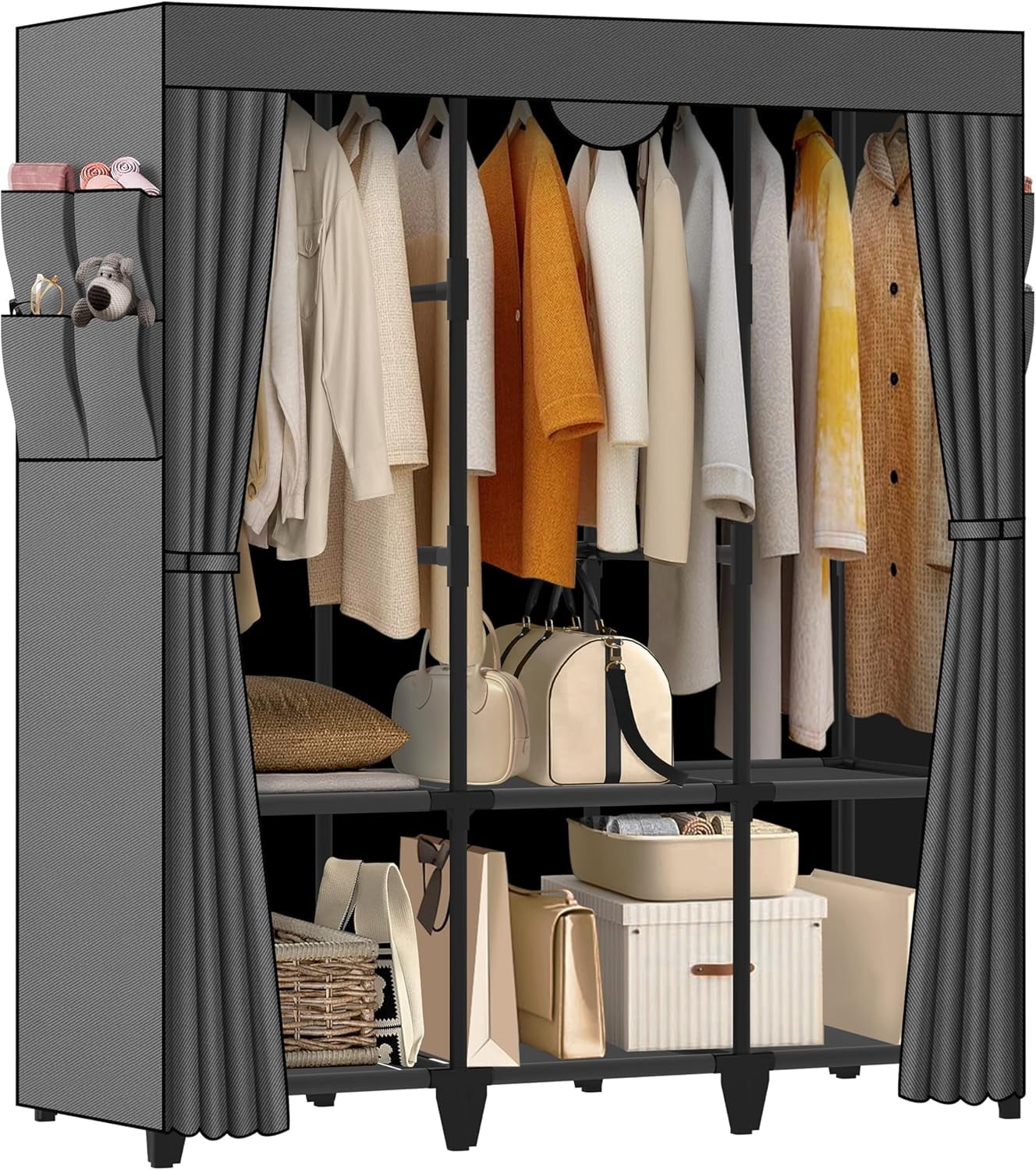 Large Capacity Portable Wardrobe Closet in Gray with 3 Hanging Rods, 6 ...