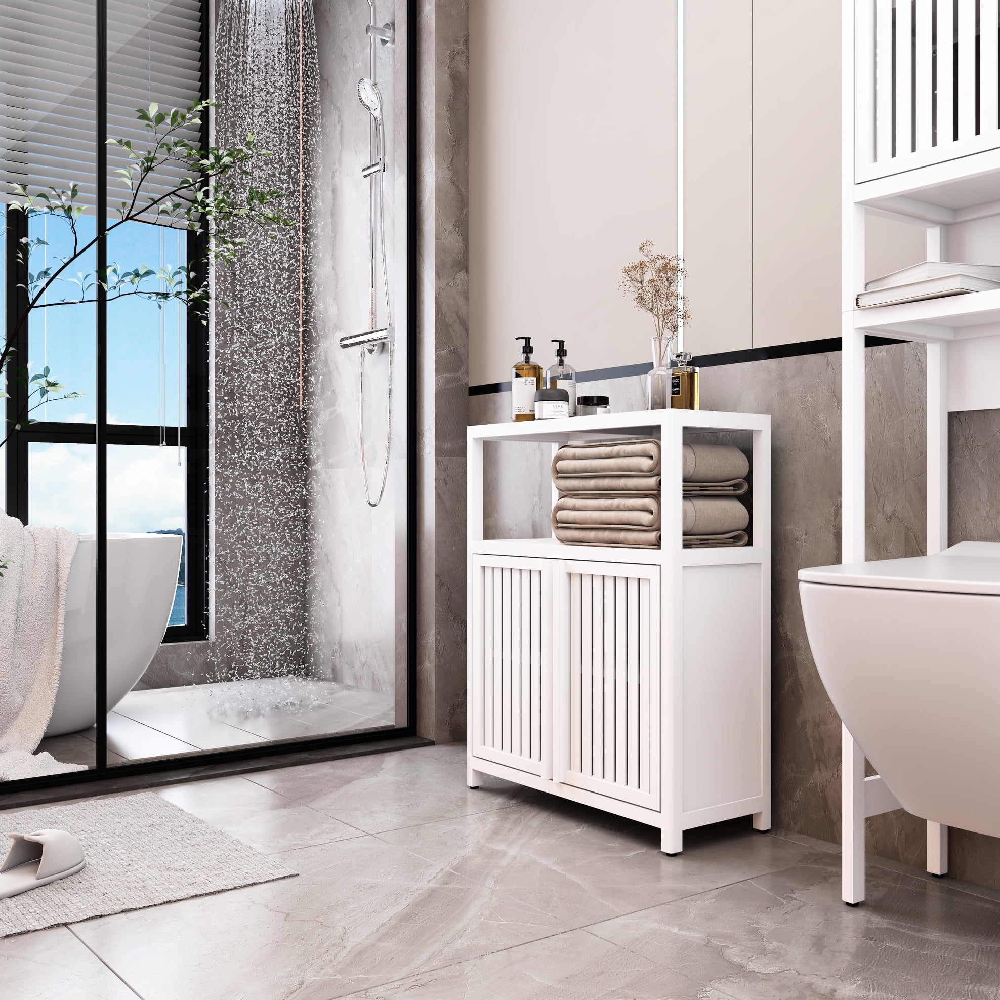 Large Capacity Shelving Unit For Bathroom & Living Room White Cabinet ...
