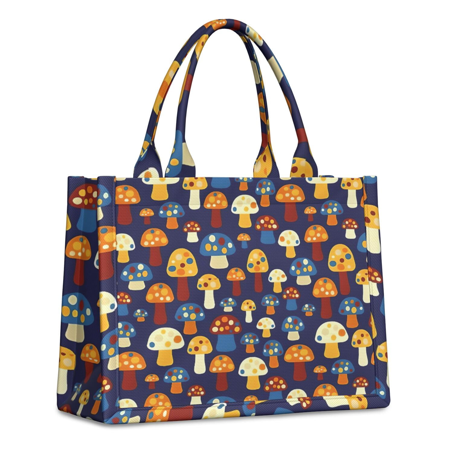 Large Capacity Tote Bag,Colorful Spotted Mushroom Dark Blue Pattern ...