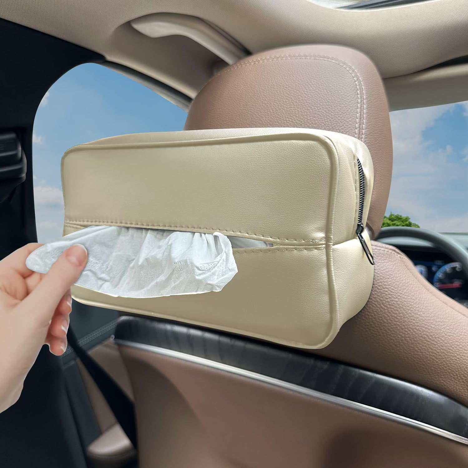 Large Car Tissue Holder for 120 Standard Tissues, Premium PU Leather Tissue Holder in Car ...