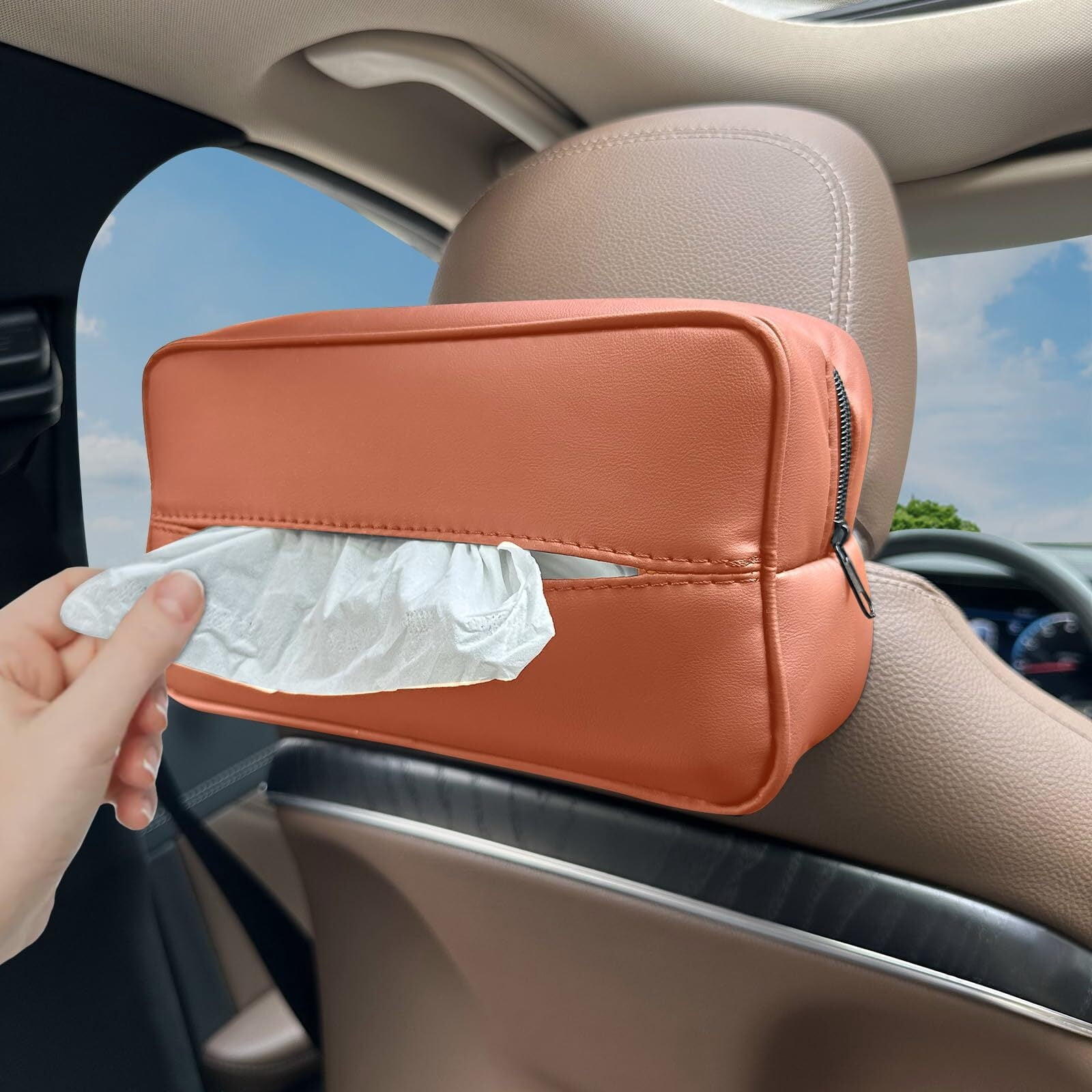 Large Car Tissue Holder for 120 Standard Tissues, Premium PU Leather ...