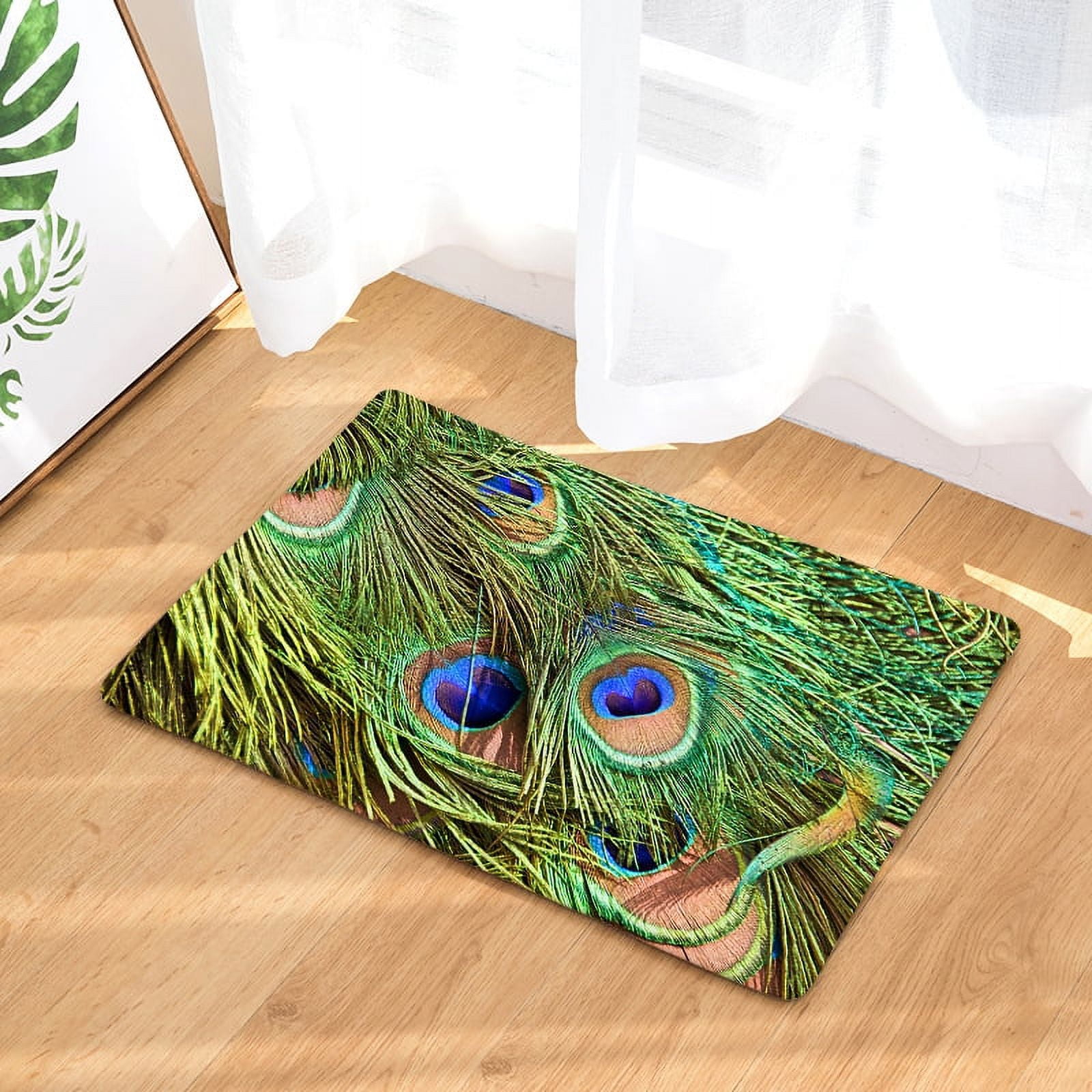 Large Carpet Feather Printed Entrance Doormat Peacock Pattern Non-Slip ...